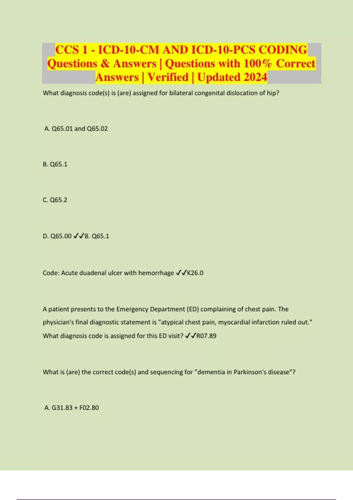CCS 1 - ICD-10-CM AND ICD-10-PCS CODING Questions & Answers | Questions with 100% Correct ...