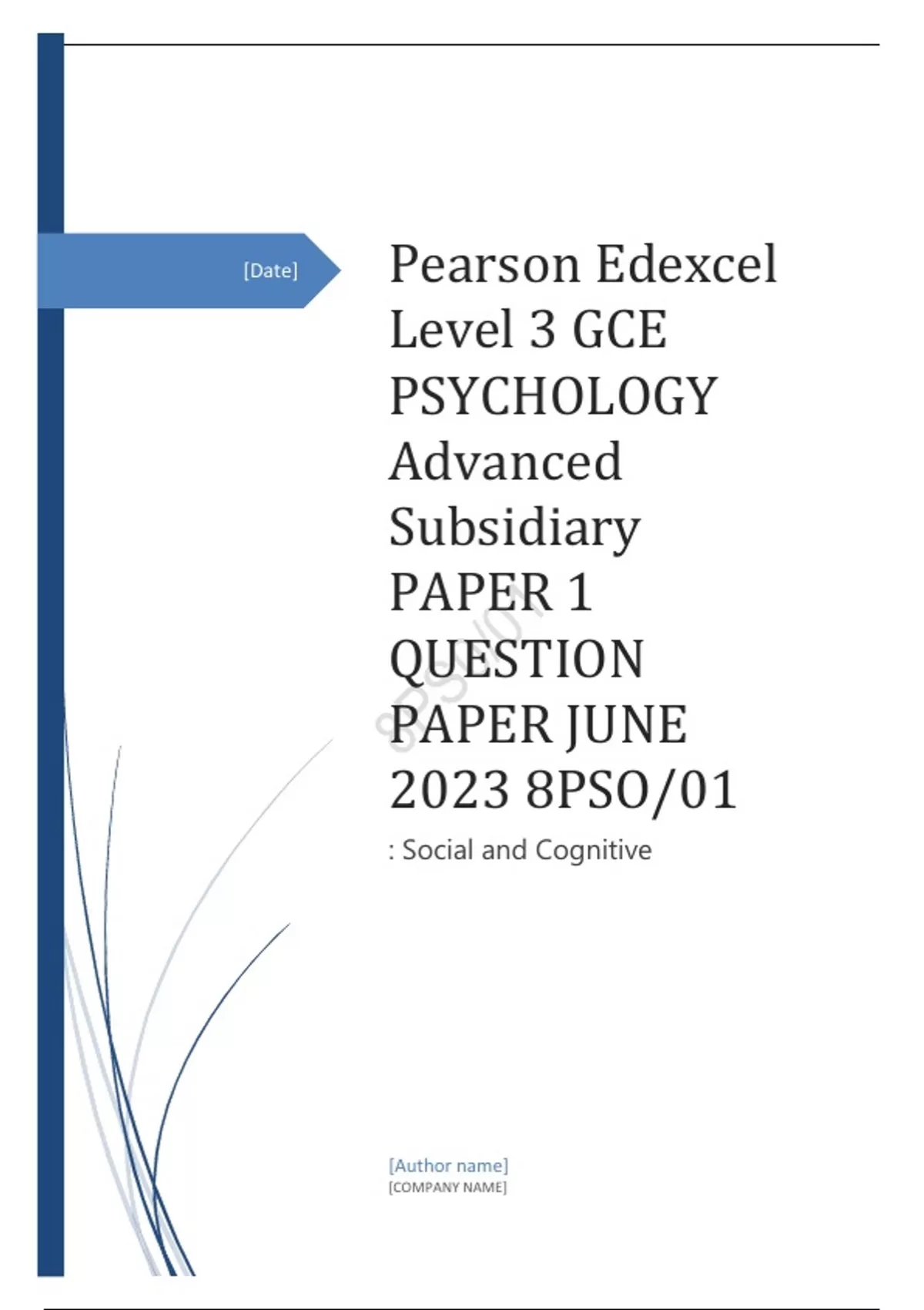 Edexcel Level 3 GCE PSYCHOLOGY Advanced Subsidiary PAPER 1 8PSO/01 ...