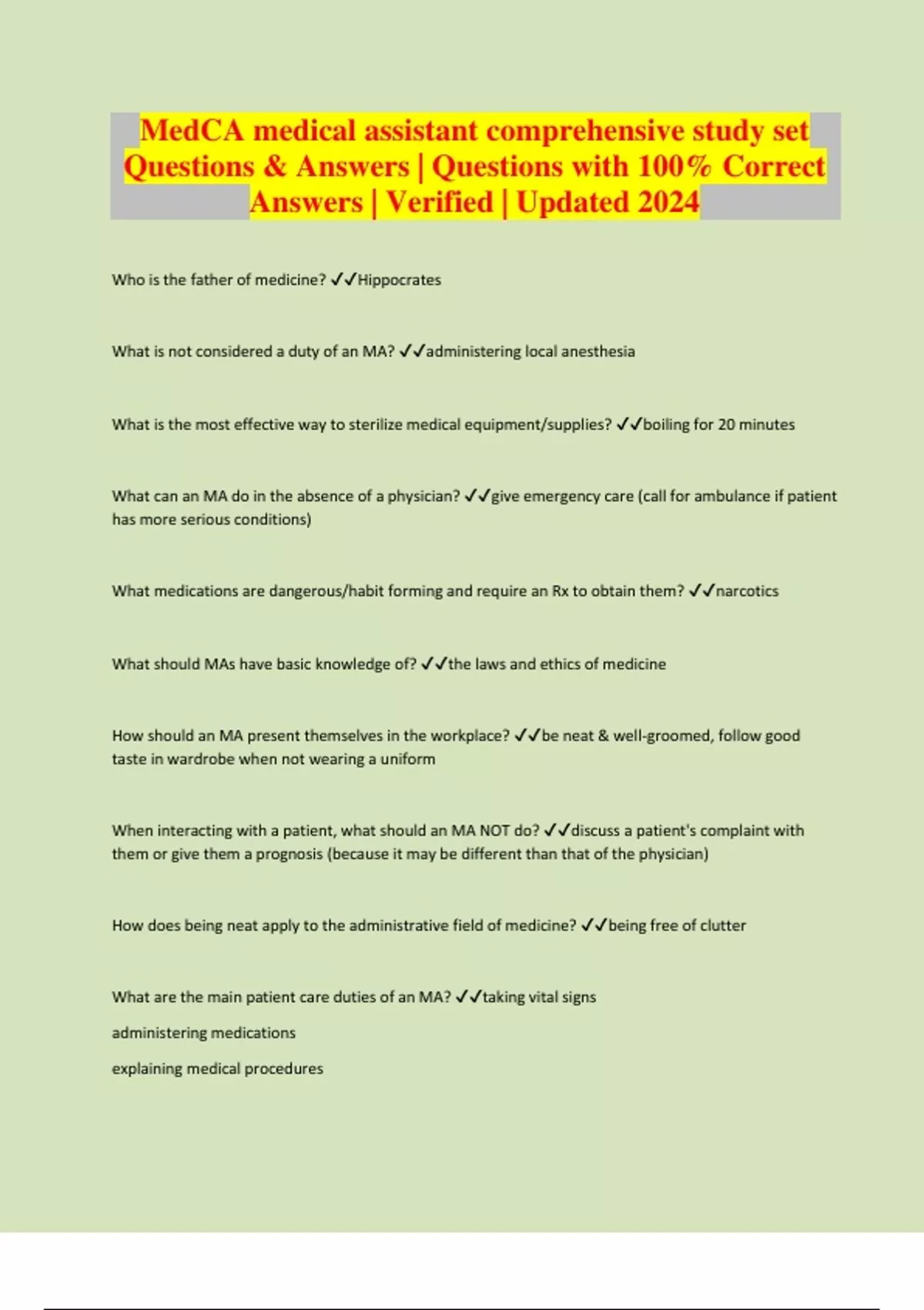 MedCA medical assistant comprehensive study set Questions & Answers ...