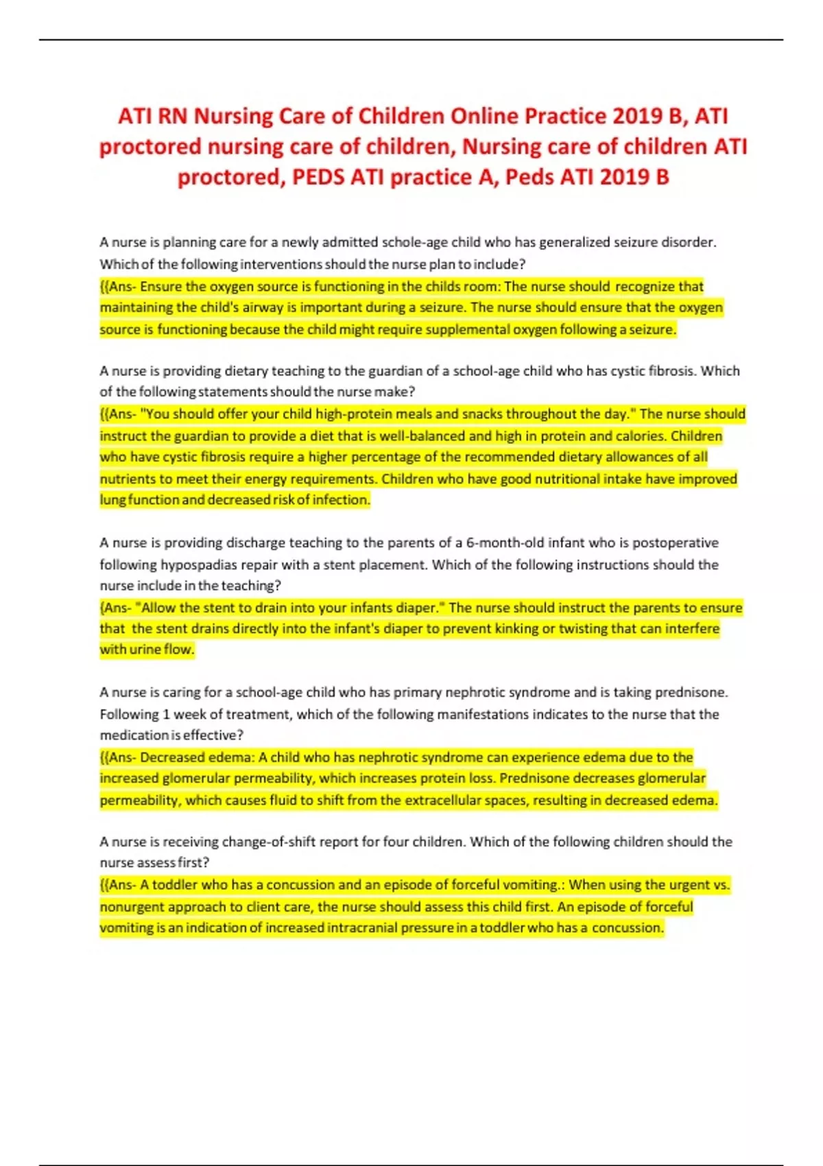 ATI RN Nursing Care of Children Online Practice 2019 B, ATI proctored ...