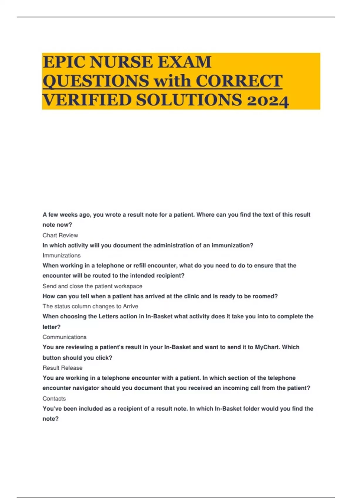 EPIC NURSE EXAM QUESTIONS with CORRECT VERIFIED SOLUTIONS 2024 - Epic ...