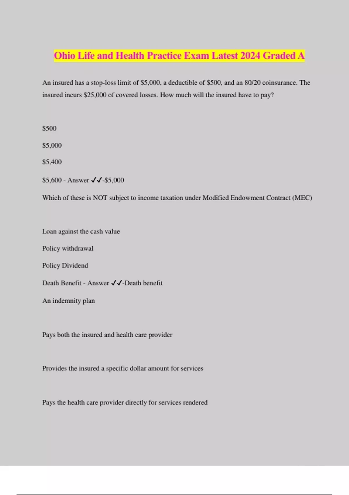 Ohio Life and Health Practice Exam Latest 2024 Graded A - Ohio life ...