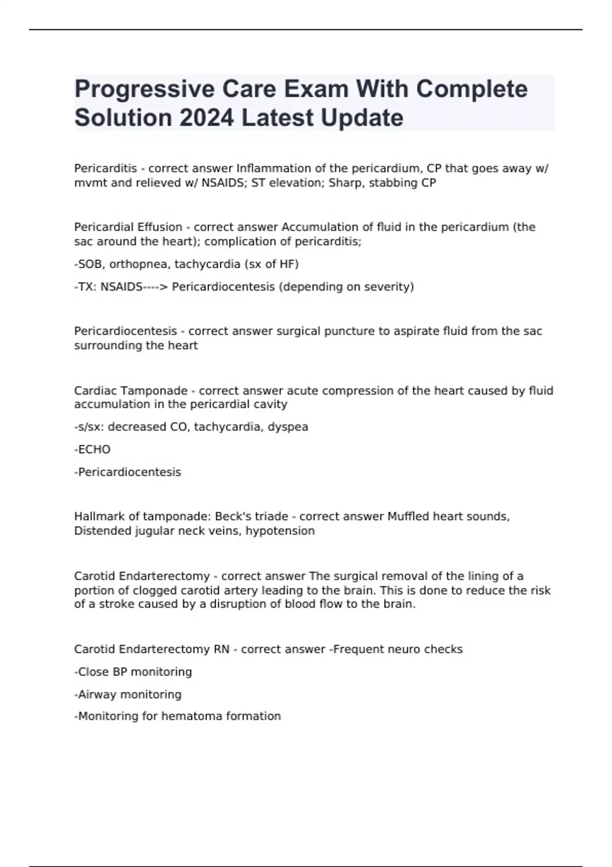 Progressive Care Exam With Complete Solution 2024 Latest Update ...