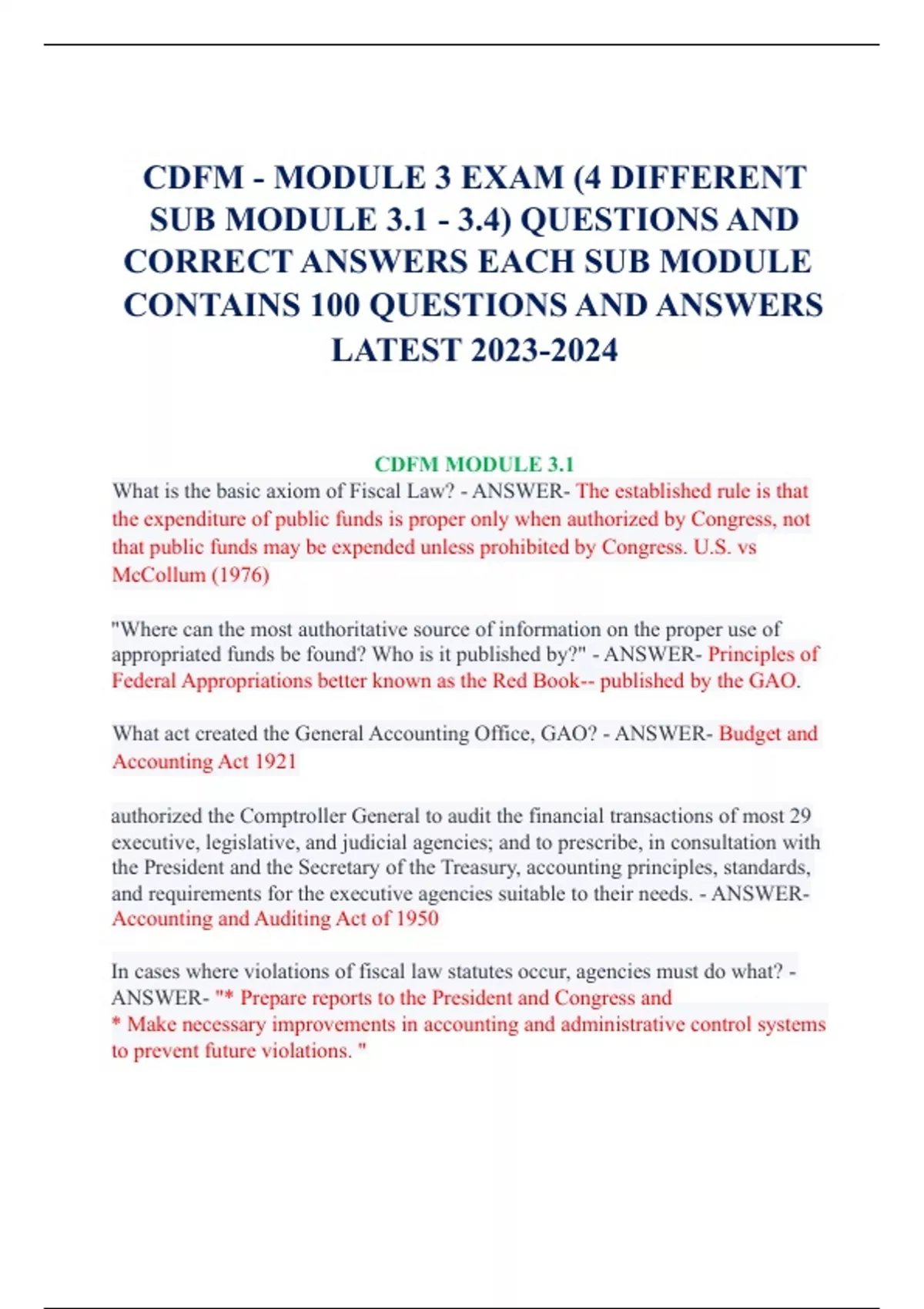 CDFM - MODULE 3 EXAM (4 DIFFERENT SUB MODULE 3.1 - 3.4) QUESTIONS AND ...