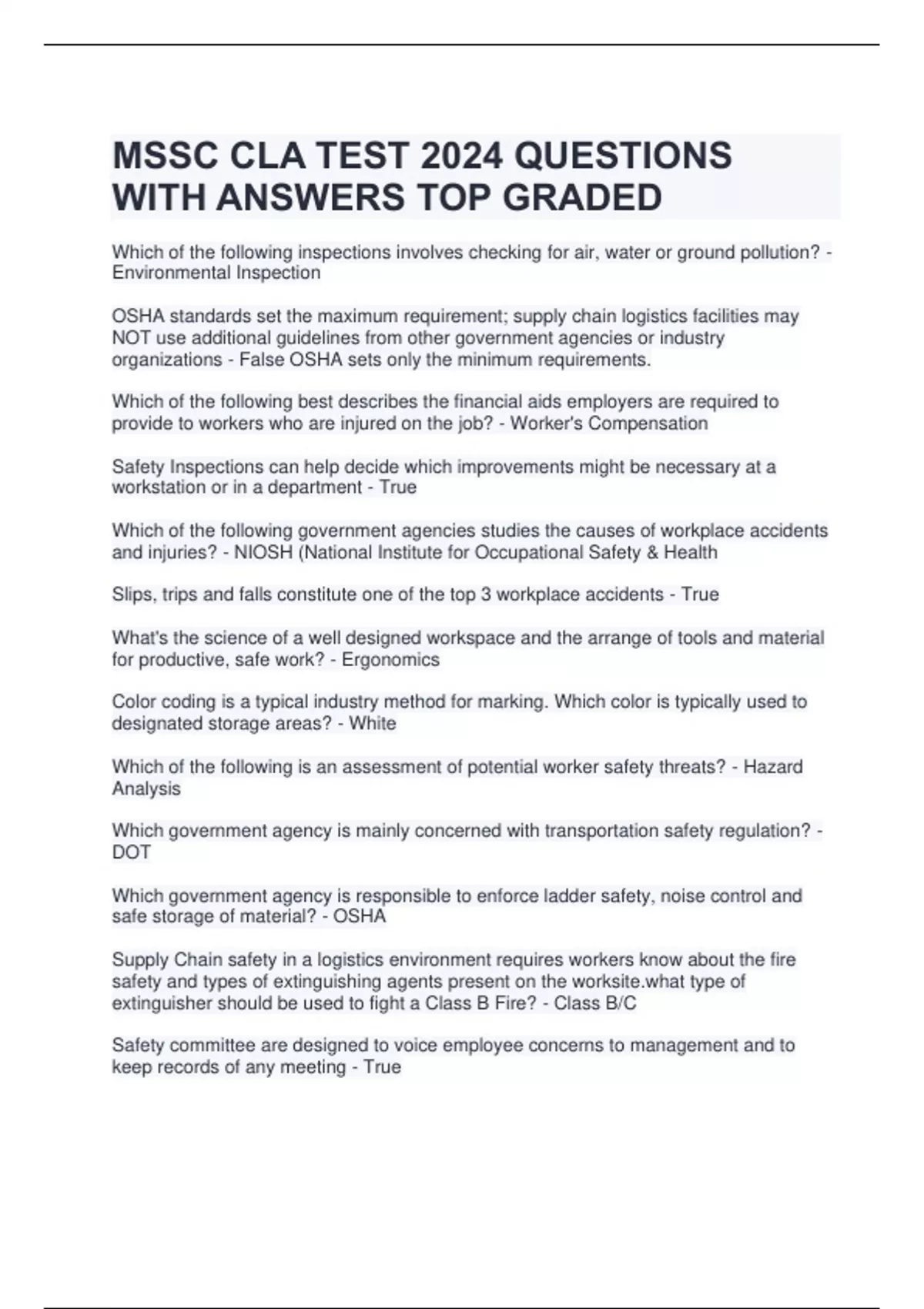 MSSC CLA TEST 2024 QUESTIONS WITH ANSWERS TOP GRADED - MSSC CLA - Stuvia US