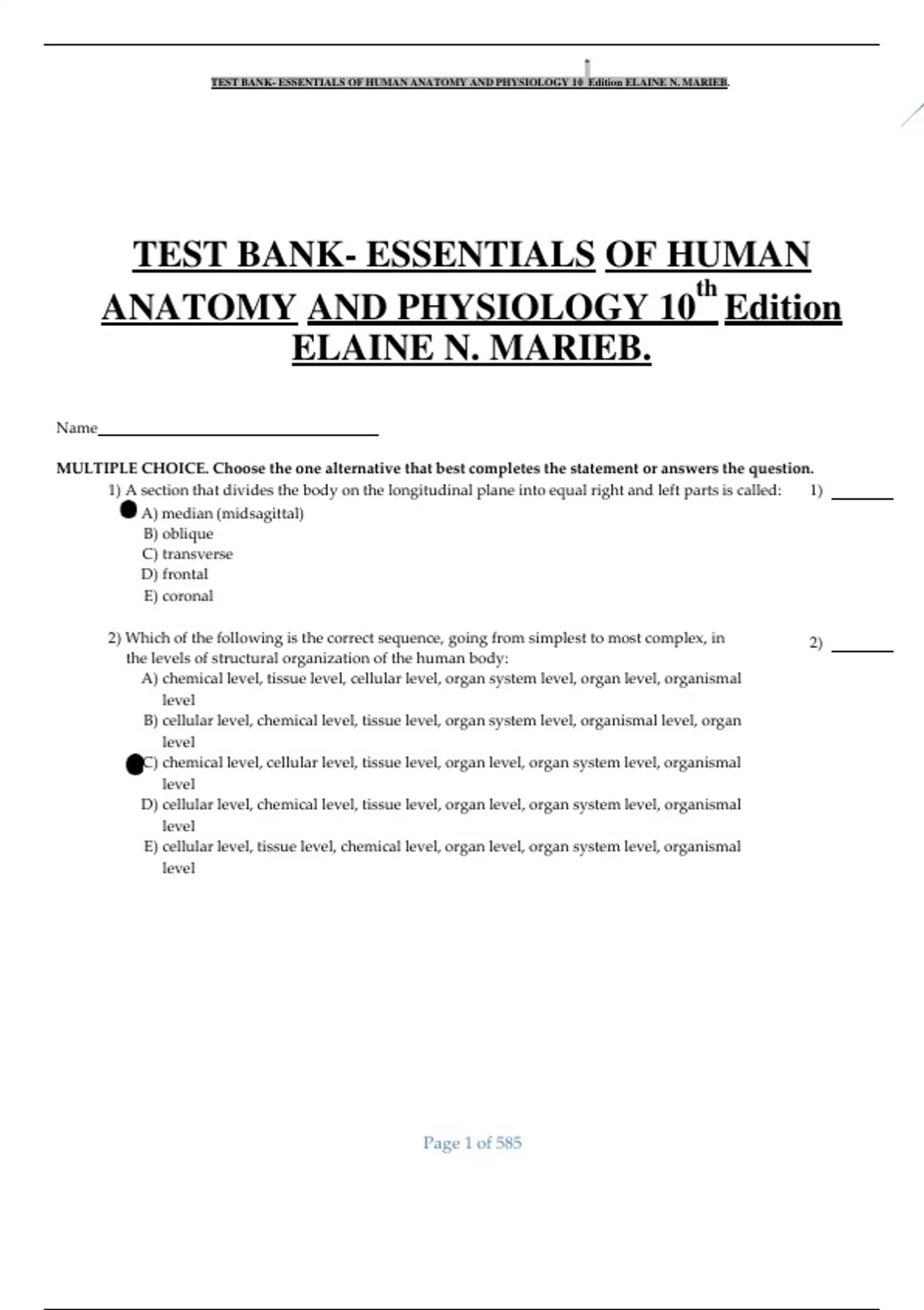 TEST BANK- ESSENTIALS OF HUMAN ANATOMY AND PHYSIOLOGY 10th Edition ...