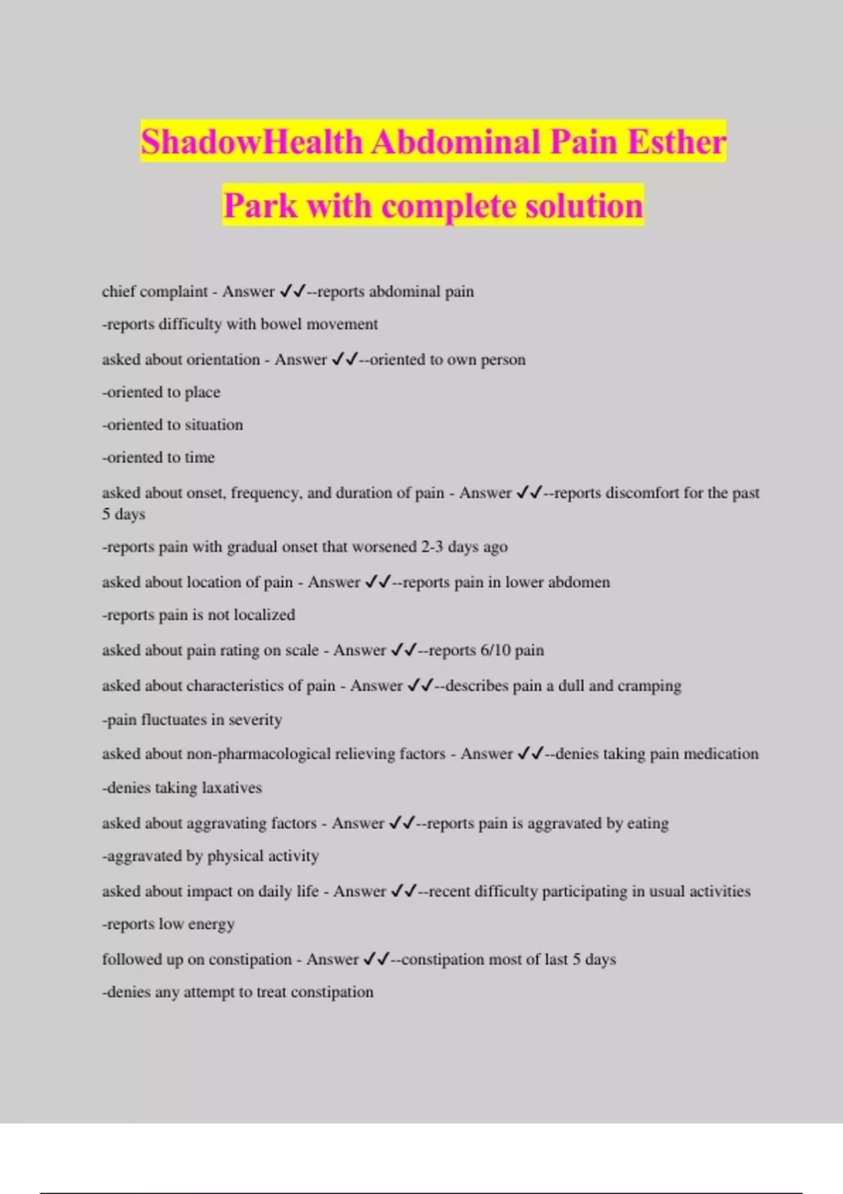 ShadowHealth Abdominal Pain Esther Park with complete solution - Shadow ...