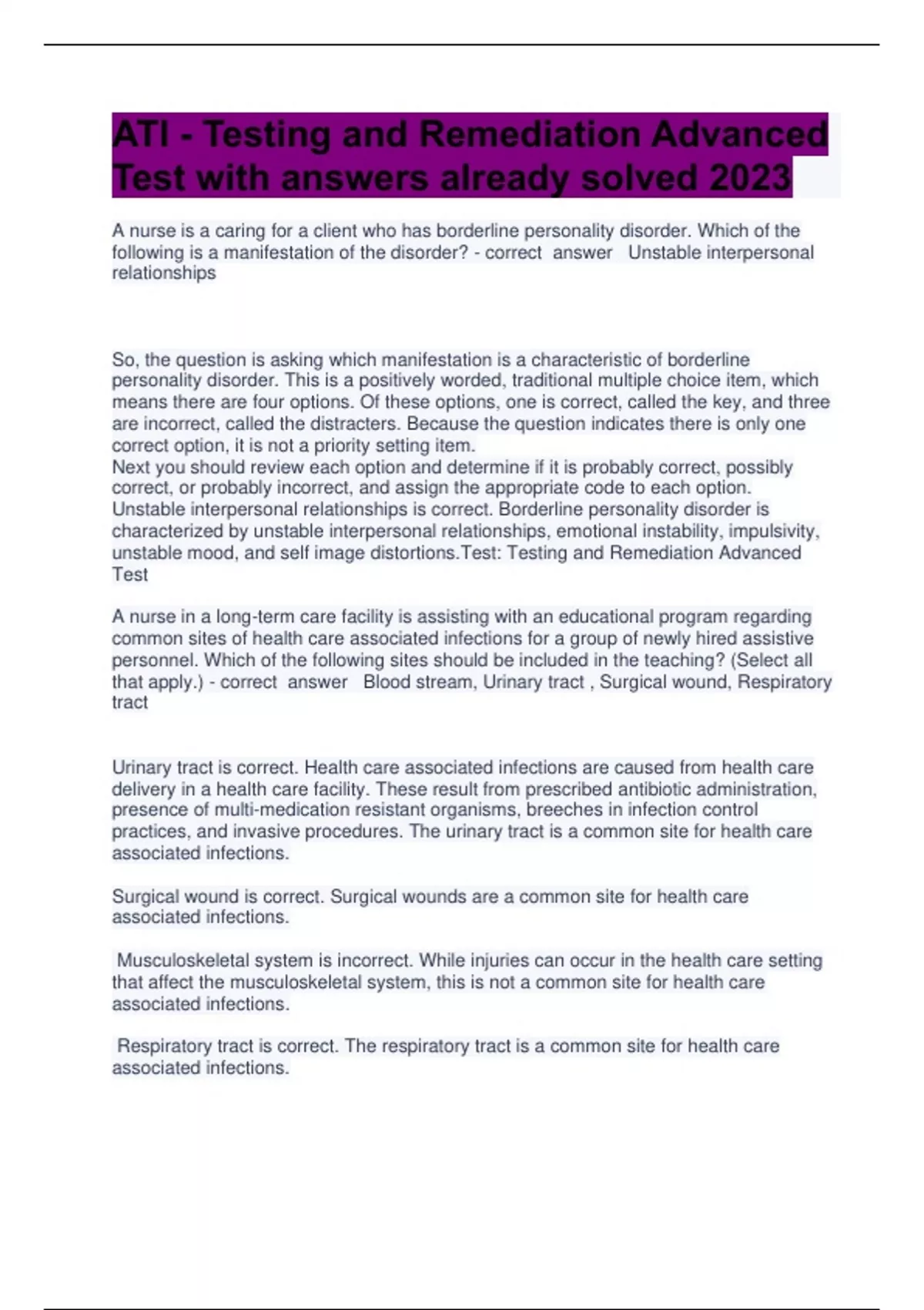 ATI Testing and Remediation Advanced Test with answers already solved ...