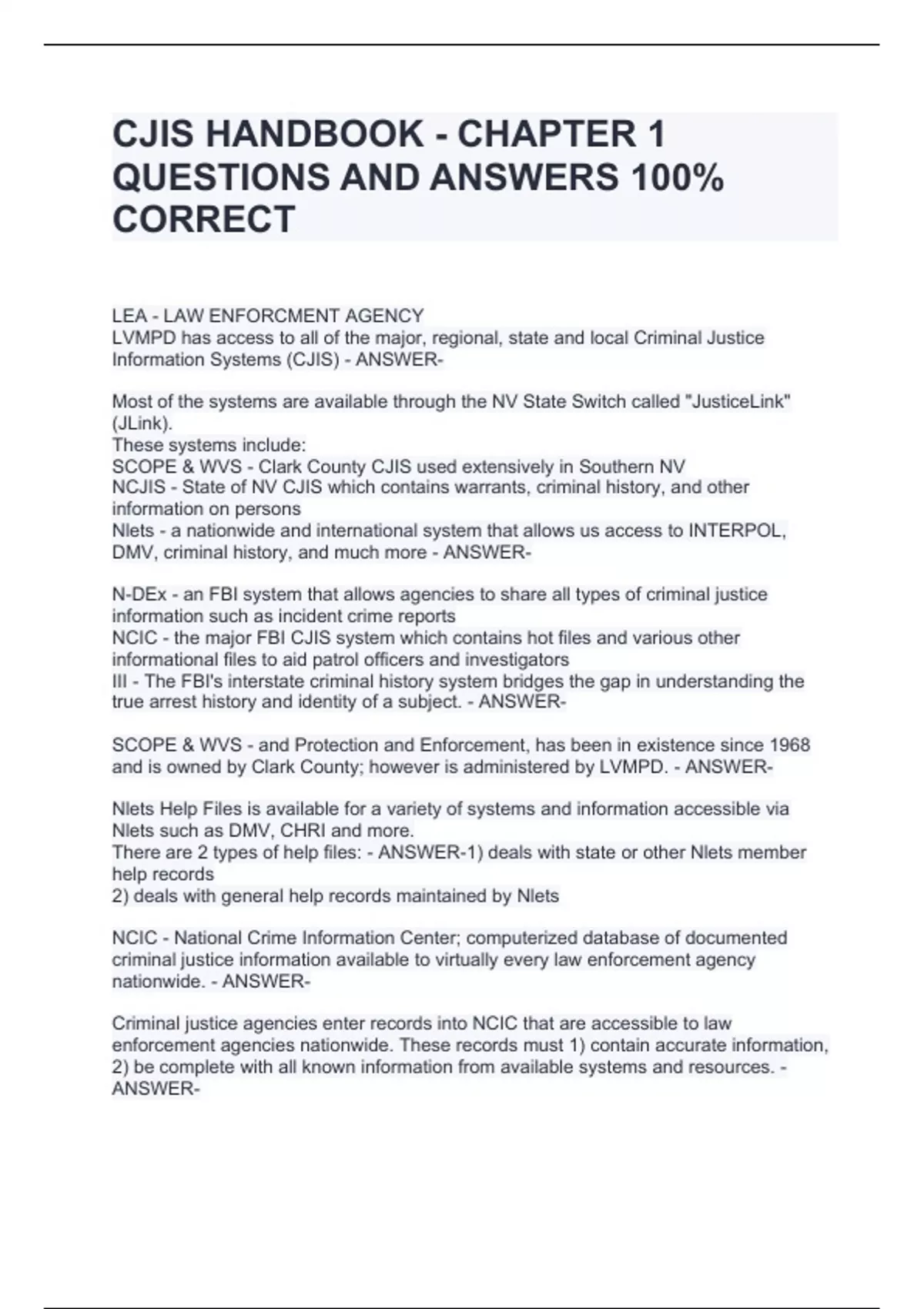 CJIS HANDBOOK - CHAPTER 1 QUESTIONS AND ANSWERS 100% CORRECT - CJIS ...