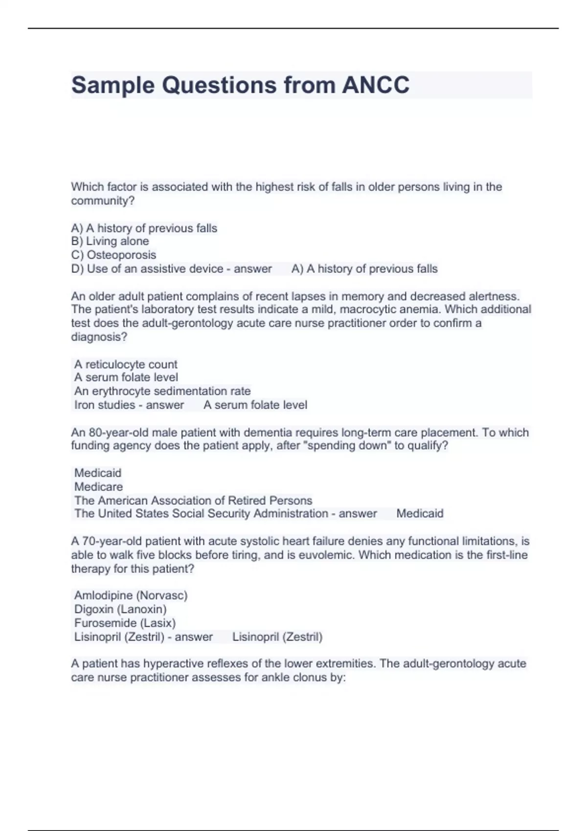 Sample Questions from ANCC Questions and Answers 2024 - Ancc - Stuvia US
