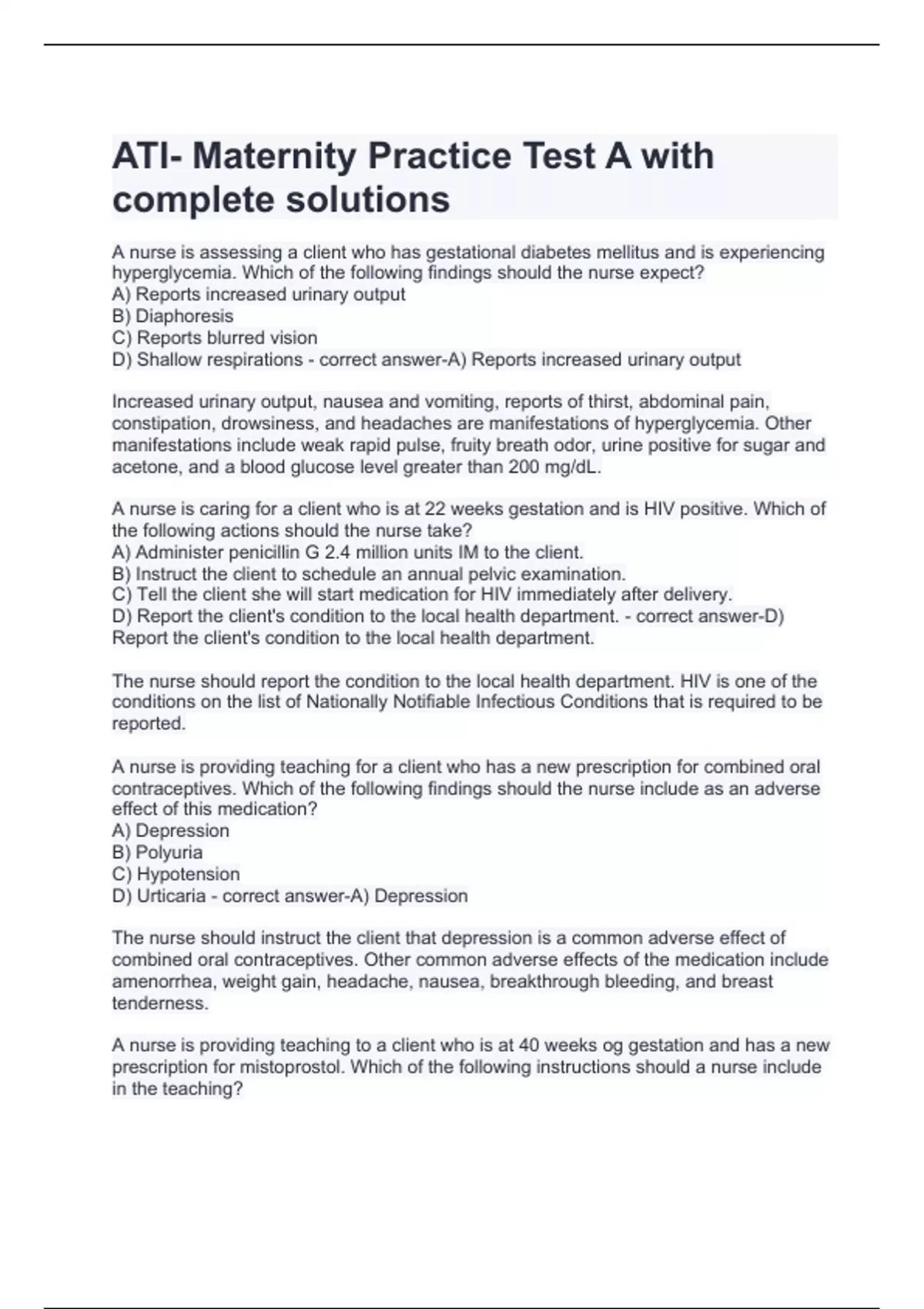 ATI- Maternity Practice Test A with complete solutions - ATI - Stuvia US