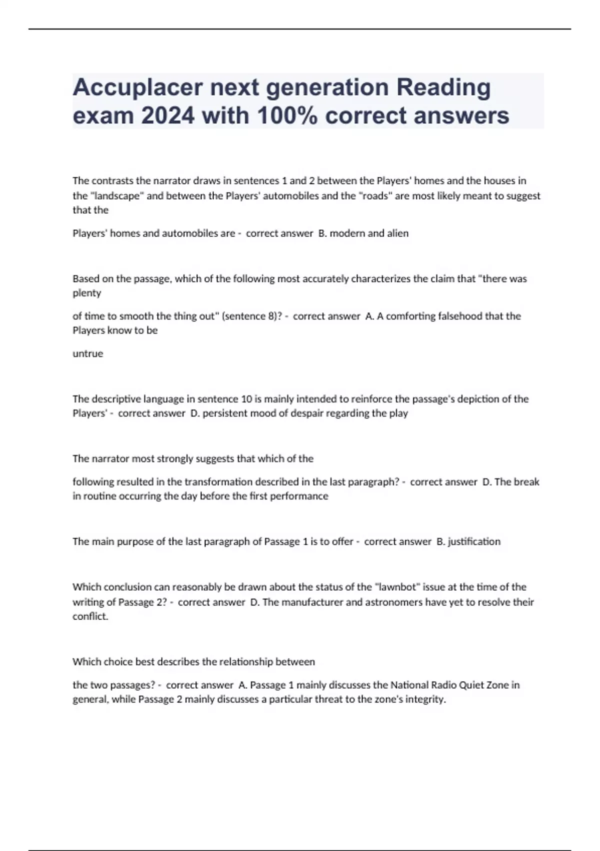 Accuplacer Practice Test Exam 2024 With 100 Correct Answers Accuplacer Elementary Stuvia Us