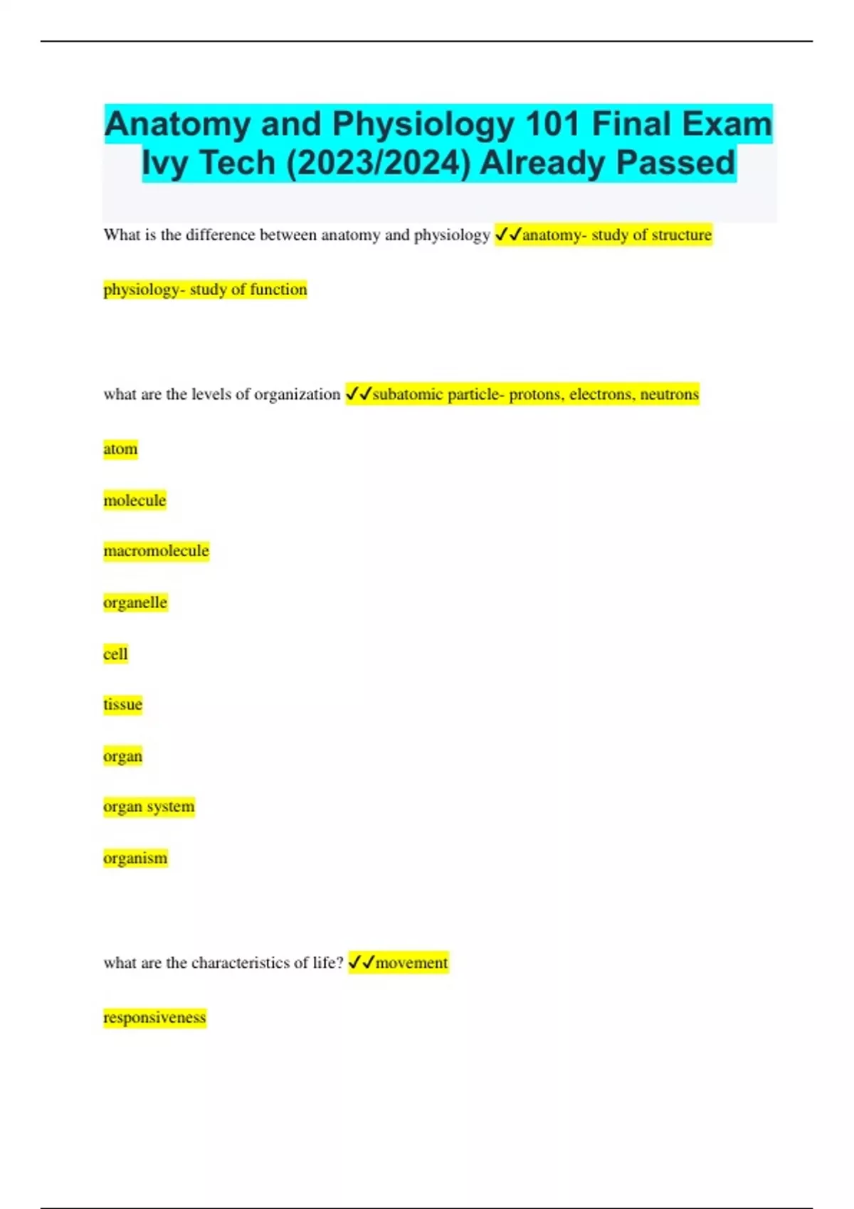 Anatomy and Physiology 101 Final Exam Ivy Tech (2023/2024) Already ...