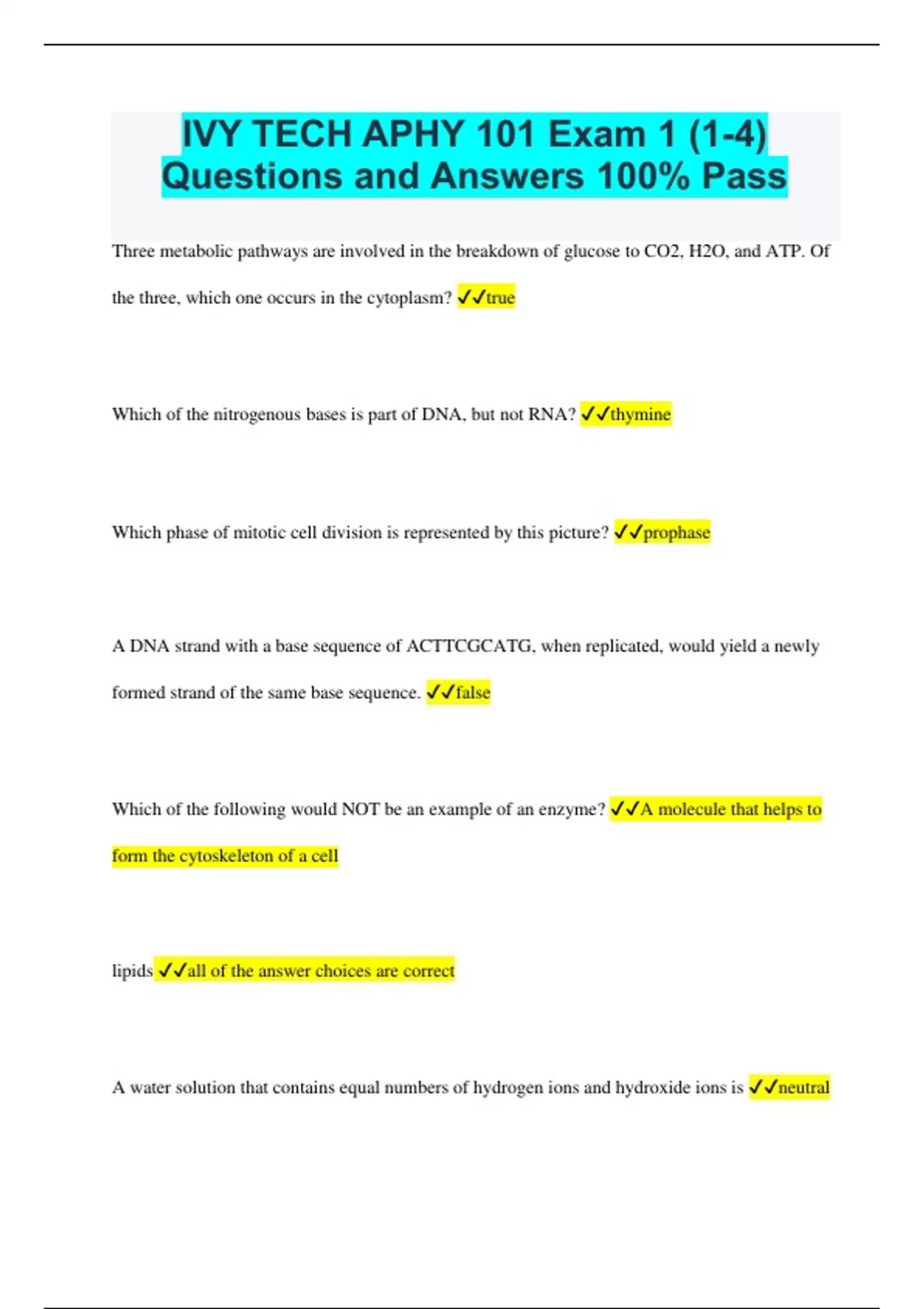 IVY TECH APHY 101 Exam 1 (1-4) Questions and Answers 100% Pass - IVY ...