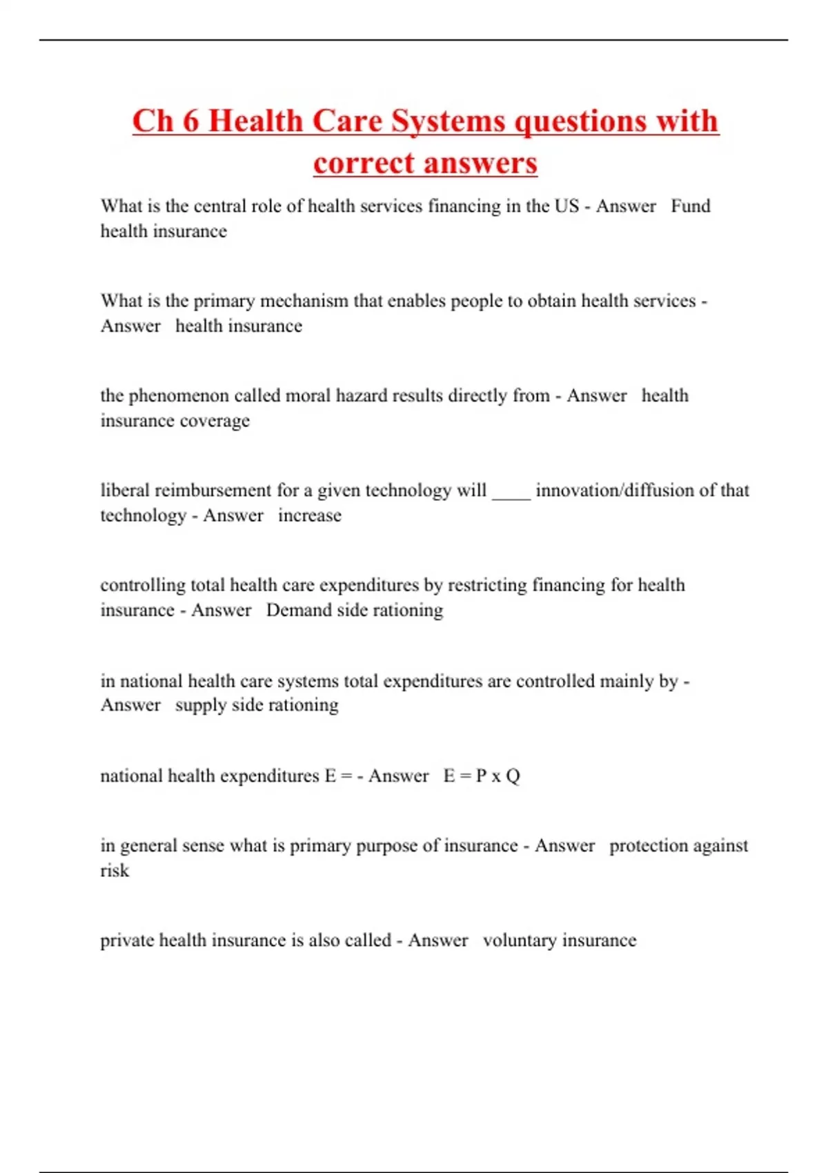 Ch 6 Health Care Systems questions with correct answers - Ch 6 Health ...