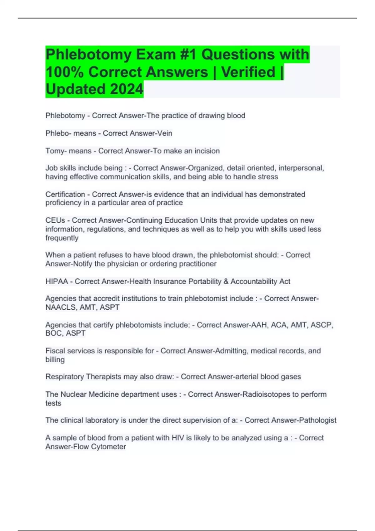 Phlebotomy Exam #1 Questions with 100% Correct Answers | Verified ...