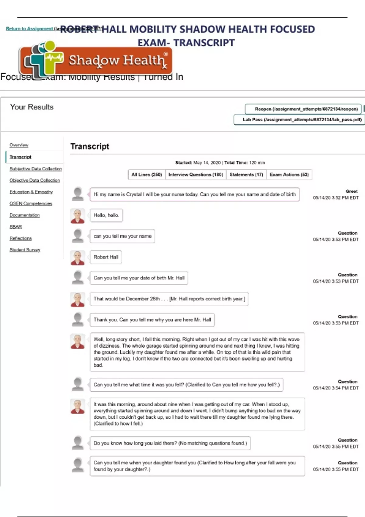 ROBERT HALL MOBILITY SHADOW HEALTH FOCUSED EXAM- TRANSCRIPT - Nursing ...