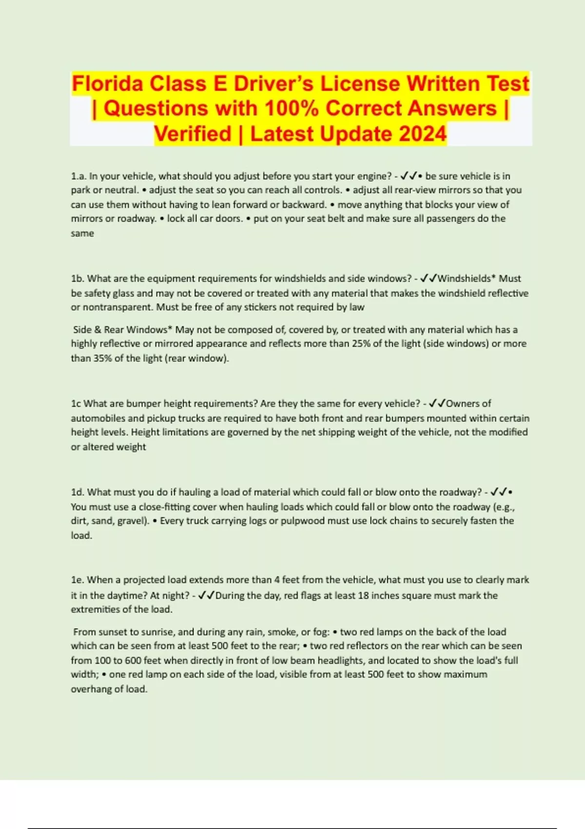 Florida Class E Driver’s License Written Test | Questions with 100% ...