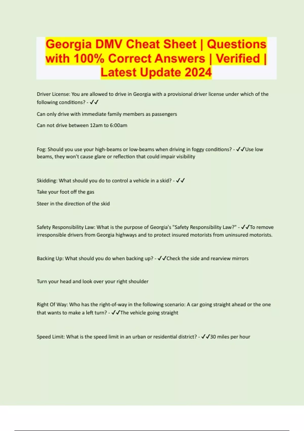 Georgia DMV Cheat Sheet | Questions with 100% Correct Answers ...