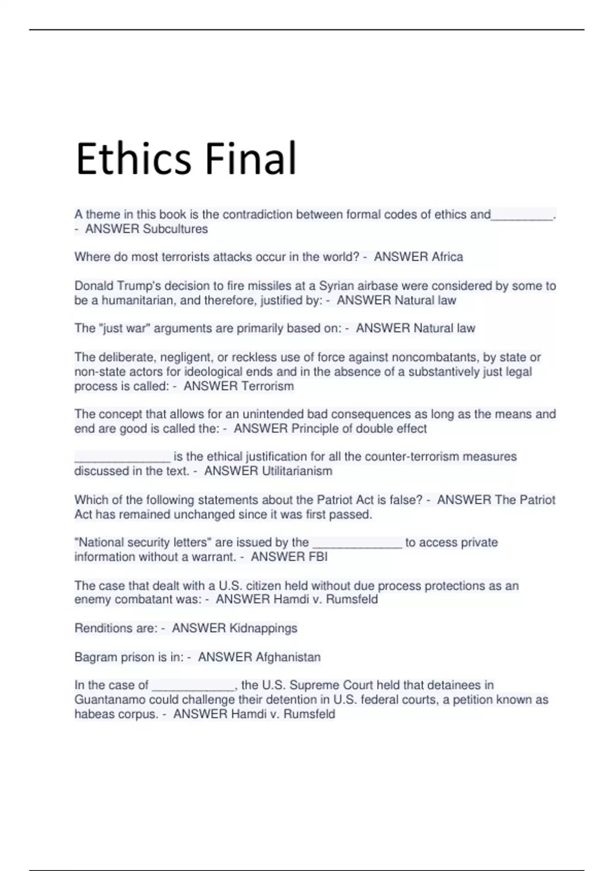 UPDATED 2024 LATEST Ethics Final EXAM - Ethics - Stuvia US