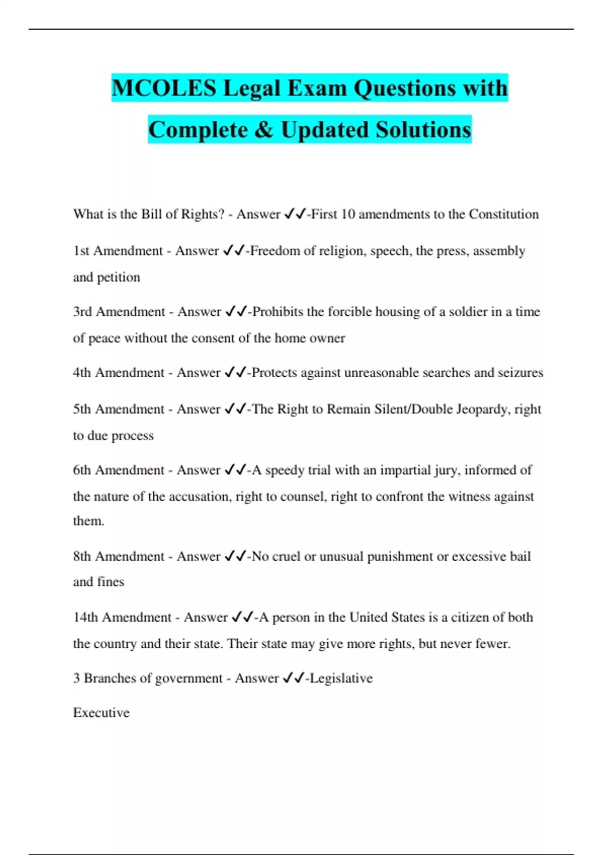 MCOLES Legal Exam Questions with Complete & Updated Solutions ...