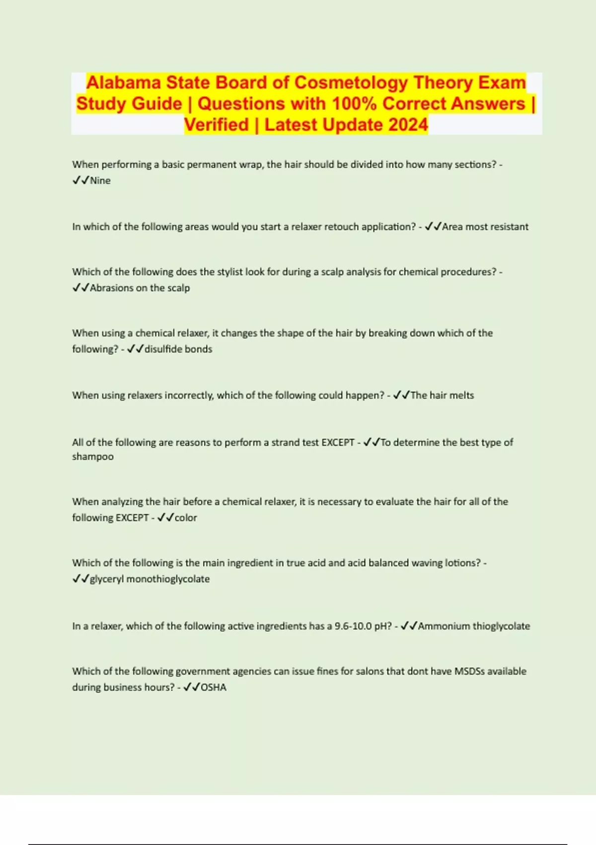 Alabama State Board of Cosmetology Theory Exam Study Guide | Questions ...