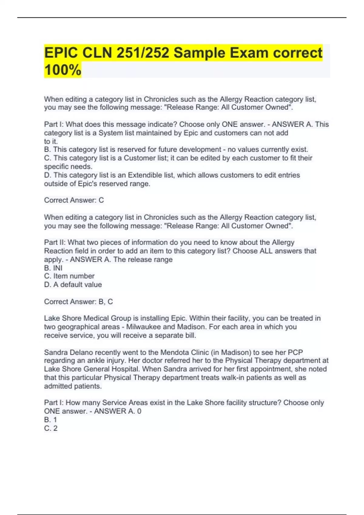 EPIC CLN 251/252 Sample Exam correct 100% - EPIC CLN 251/252 - Stuvia US