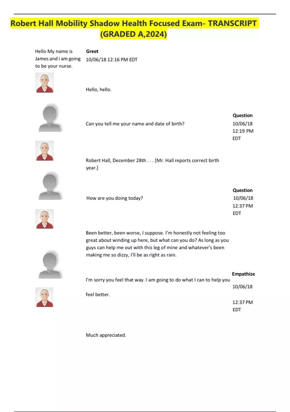 Robert Hall Mobility Shadow Health Focused Exam- TRANSCRIPT (GRADED A ...