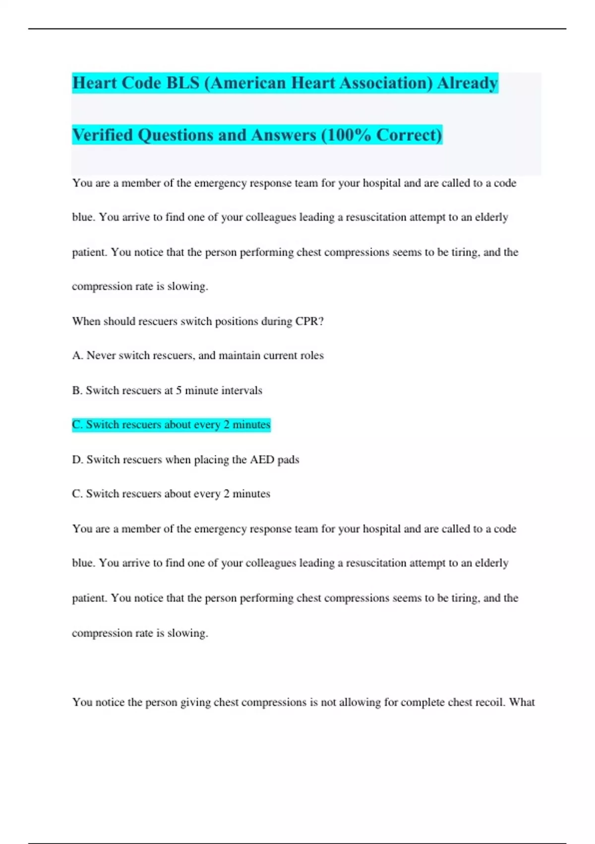 Heart Code BLS (American Heart Association) Already Verified Questions ...