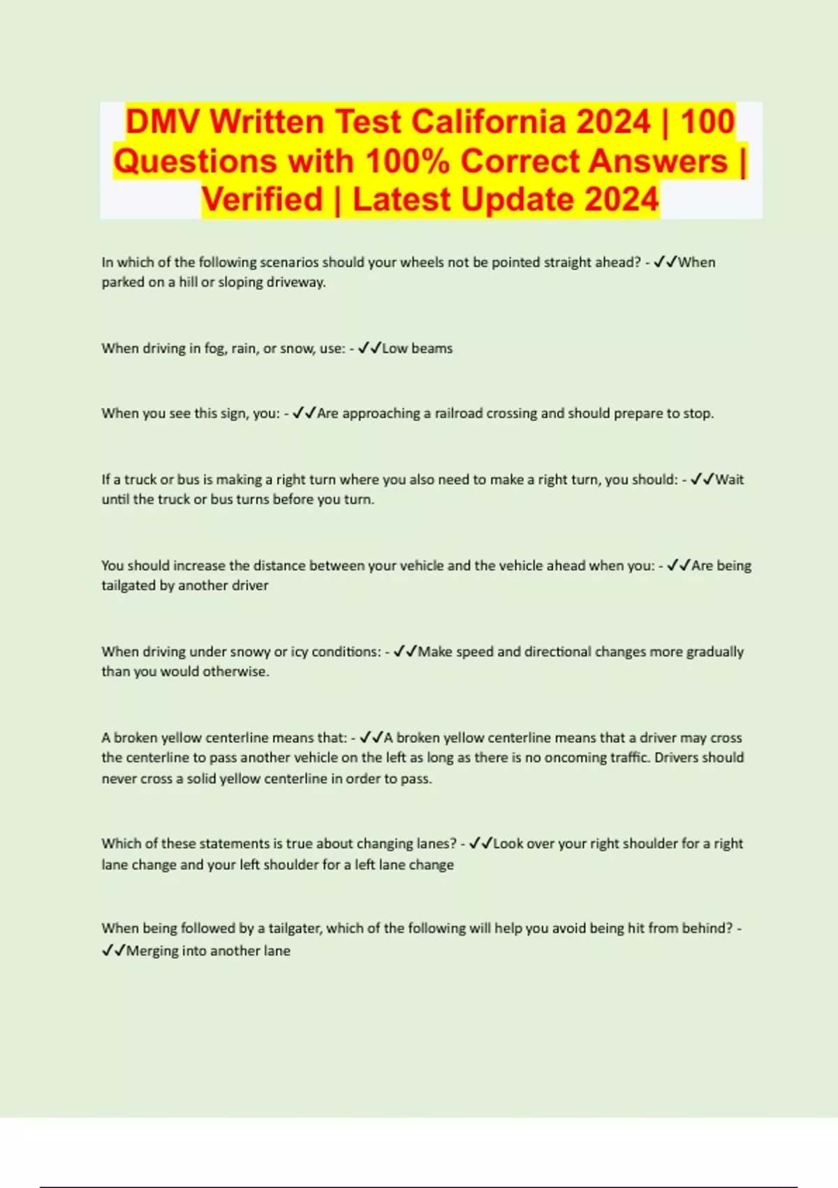 DMV Written Test California 2024 | 100 Questions with 100% Correct ...