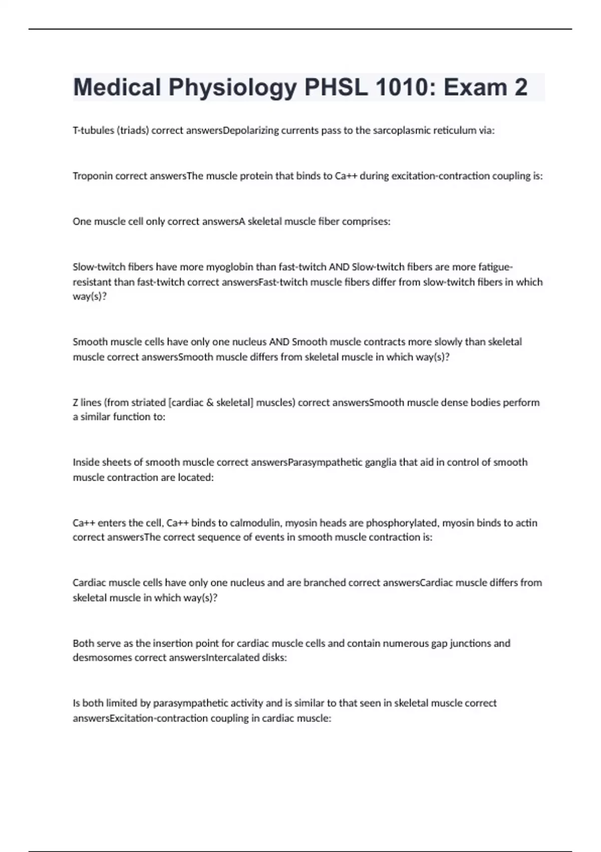 Medical Physiology PHSL 1010: Exam 2 with verified solutions - Medical ...