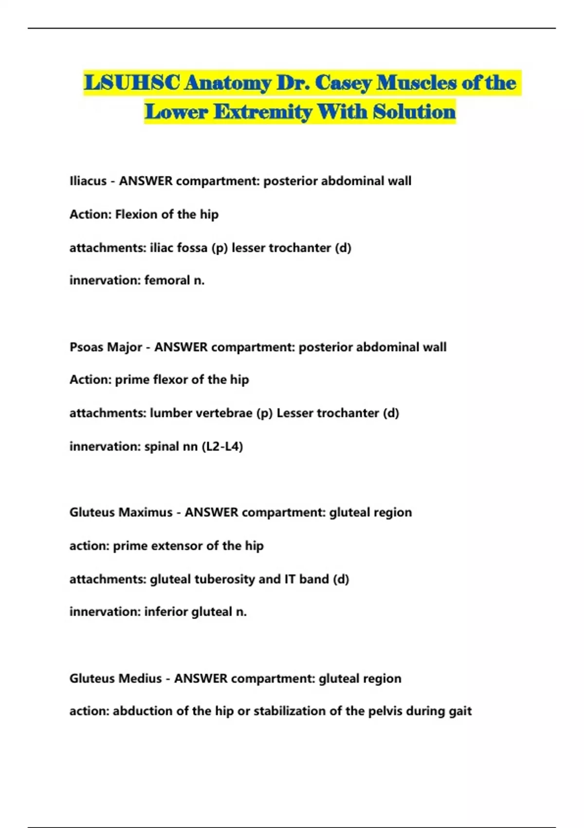 LSUHSC Anatomy Dr. Casey Muscles of the Lower Extremity With Solution ...