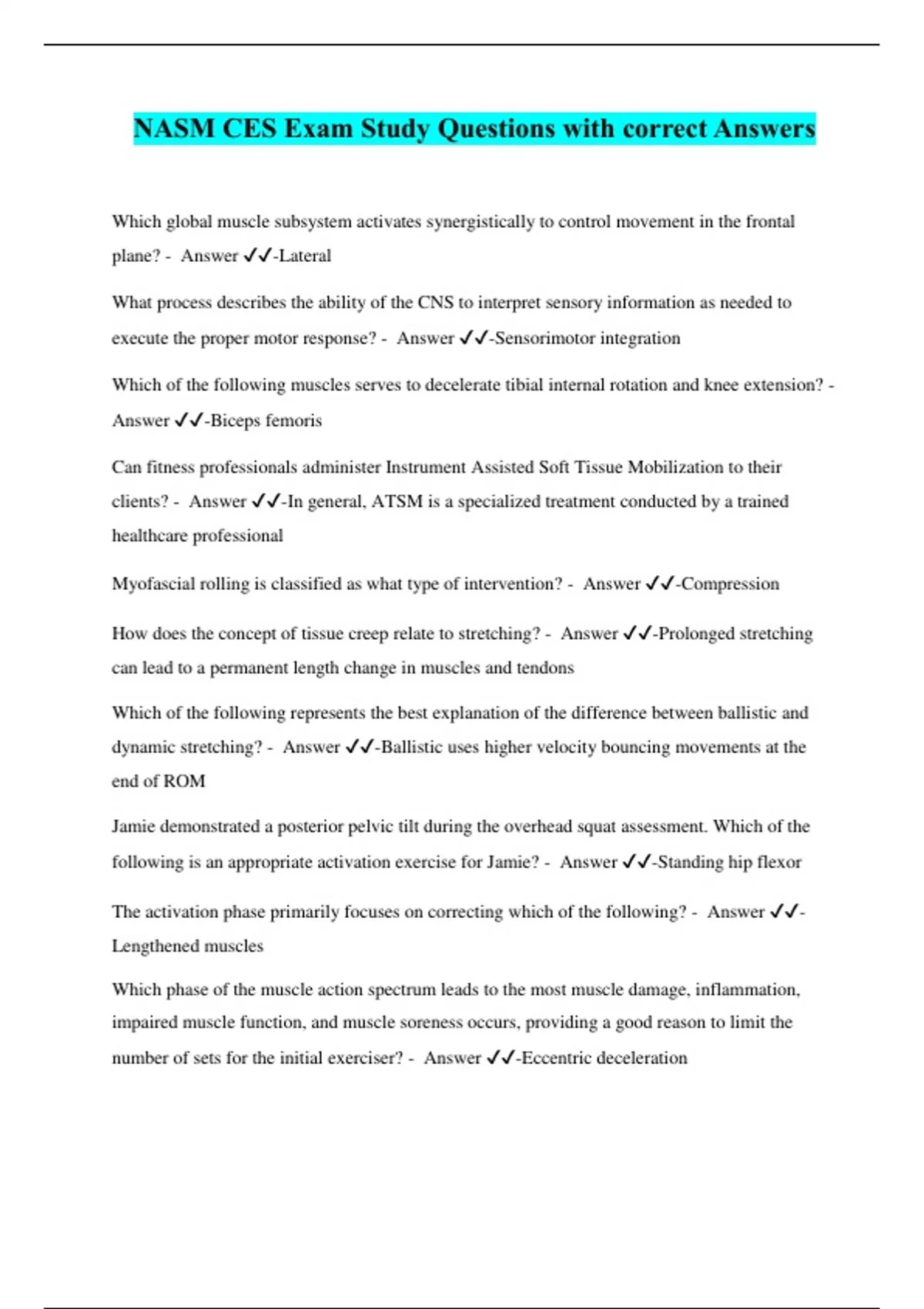 NASM CES Exam Study Questions with correct Answers - NASM CES Practice ...