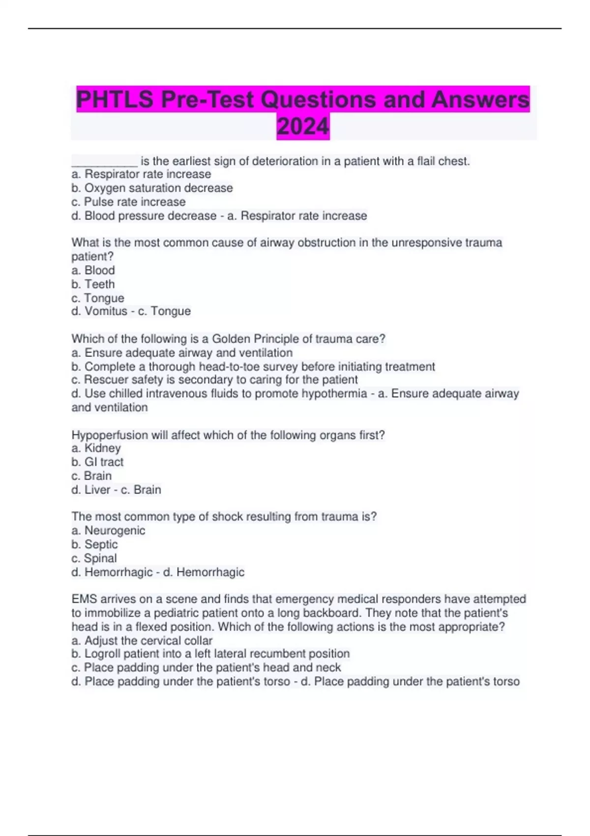 PHTLS Pre-Test Questions and Answers 2024 - PHTLS - Stuvia US