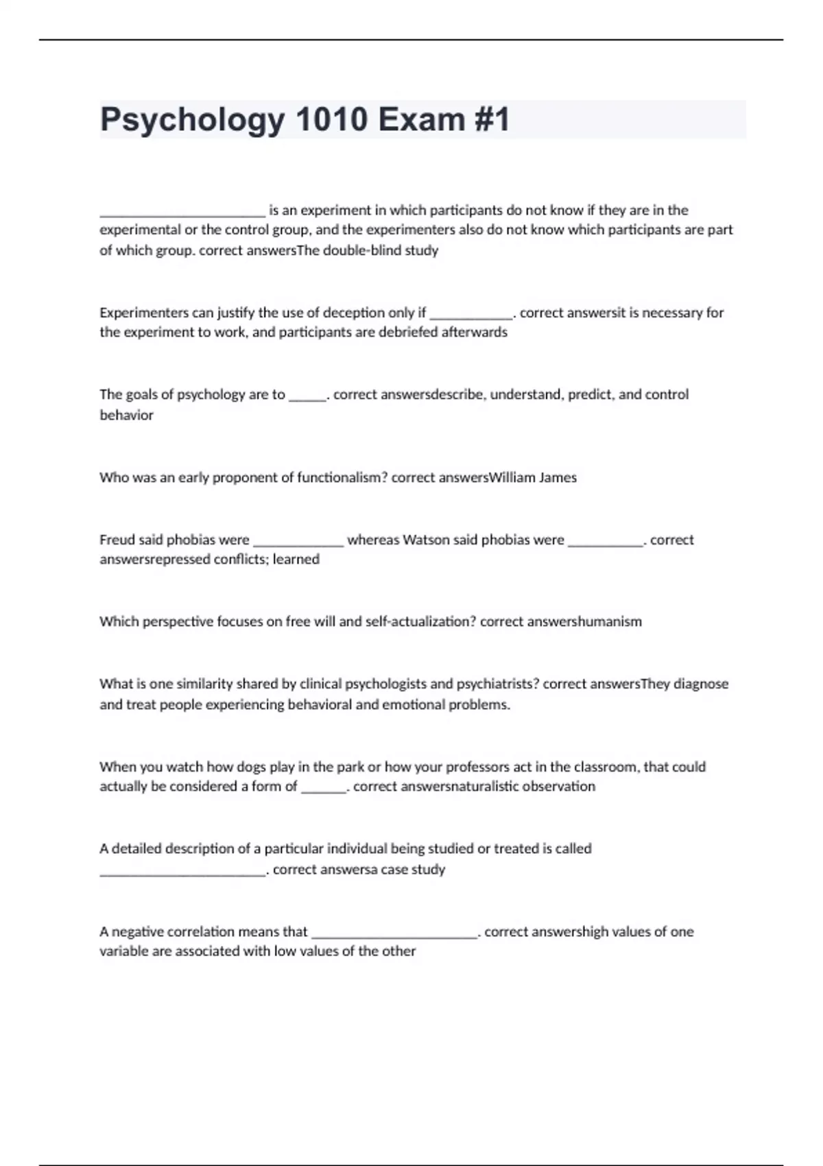 Psychology 1010 Exam #1 2024 with 100% correct answers - Psychology 1010 k - Stuvia US