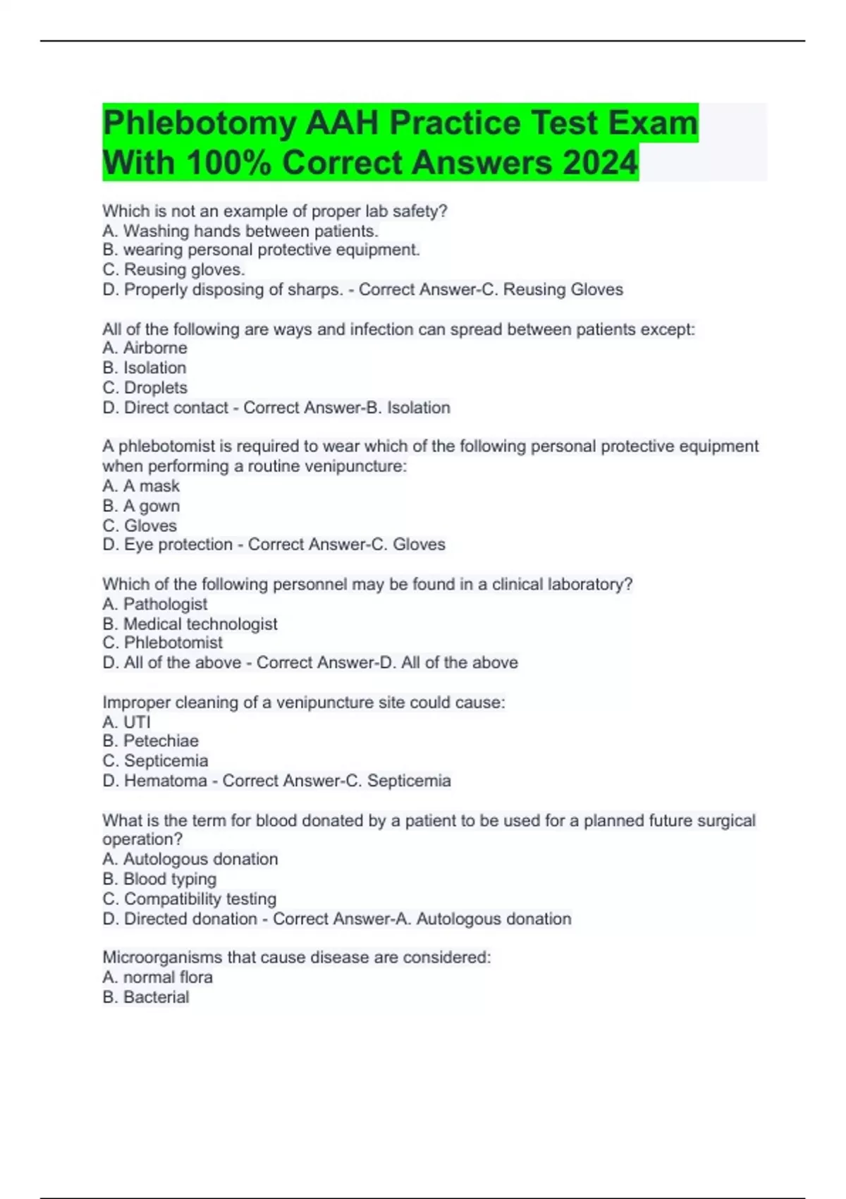 Phlebotomy AAH Practice Test Exam With 100% Correct Answers 2024 ...
