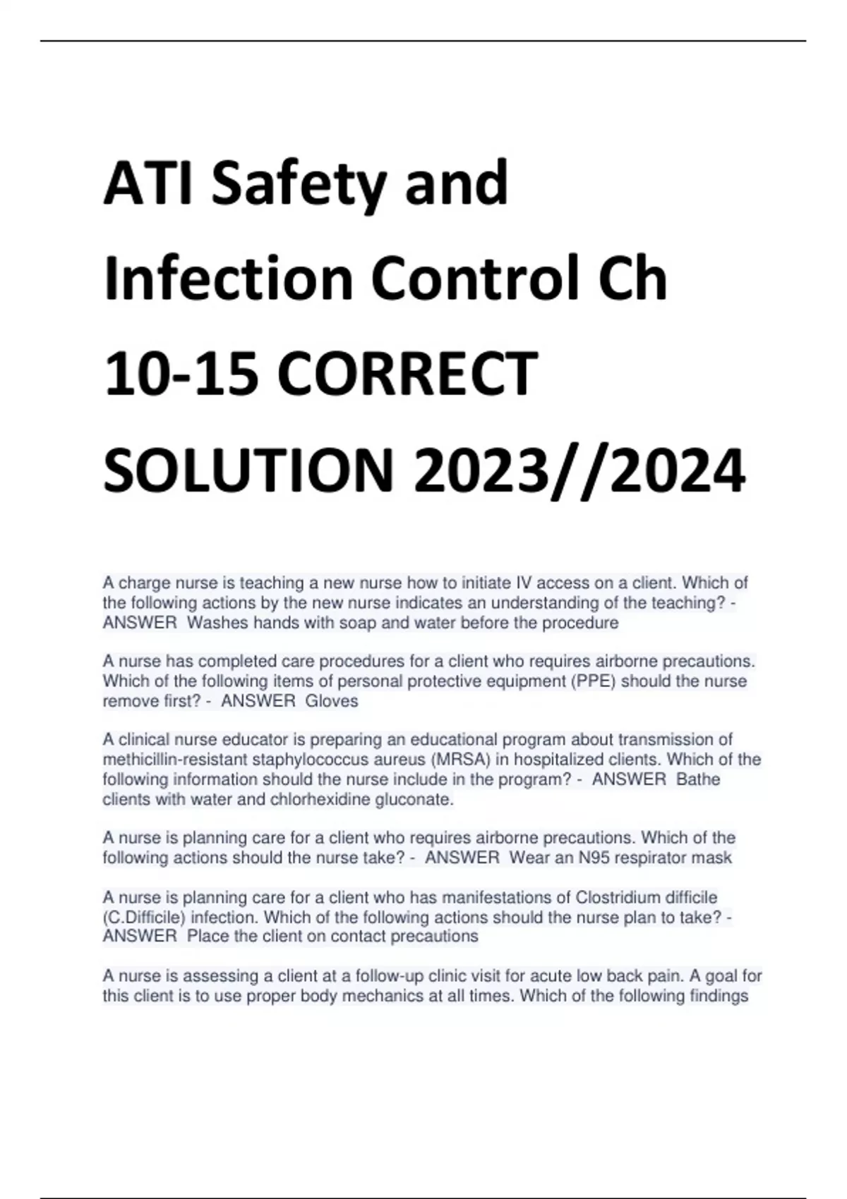 ATI Safety and Infection Control Ch 10-15 CORRECT SOLUTION 2023//2024 ...