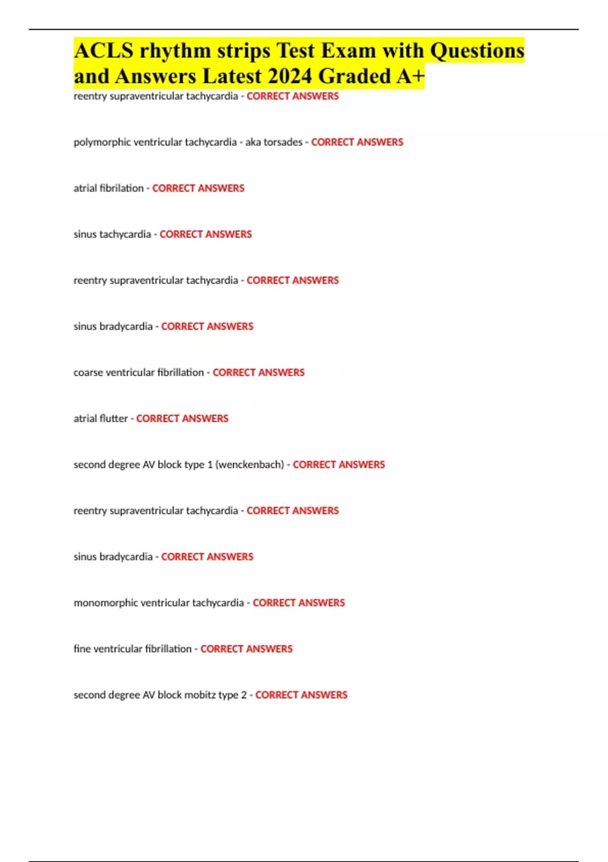ACLS rhythm strips Test Exam with Questions and Answers Latest 2024 ...