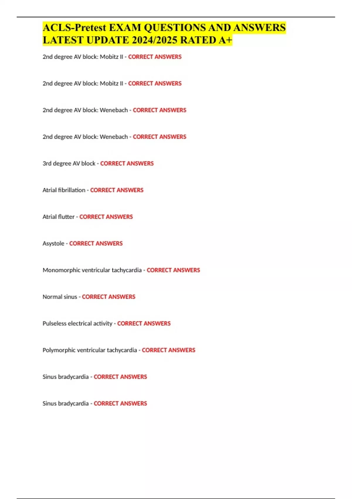 ACLS-Pretest EXAM QUESTIONS AND ANSWERS LATEST UPDATE 2024/2025 RATED ...