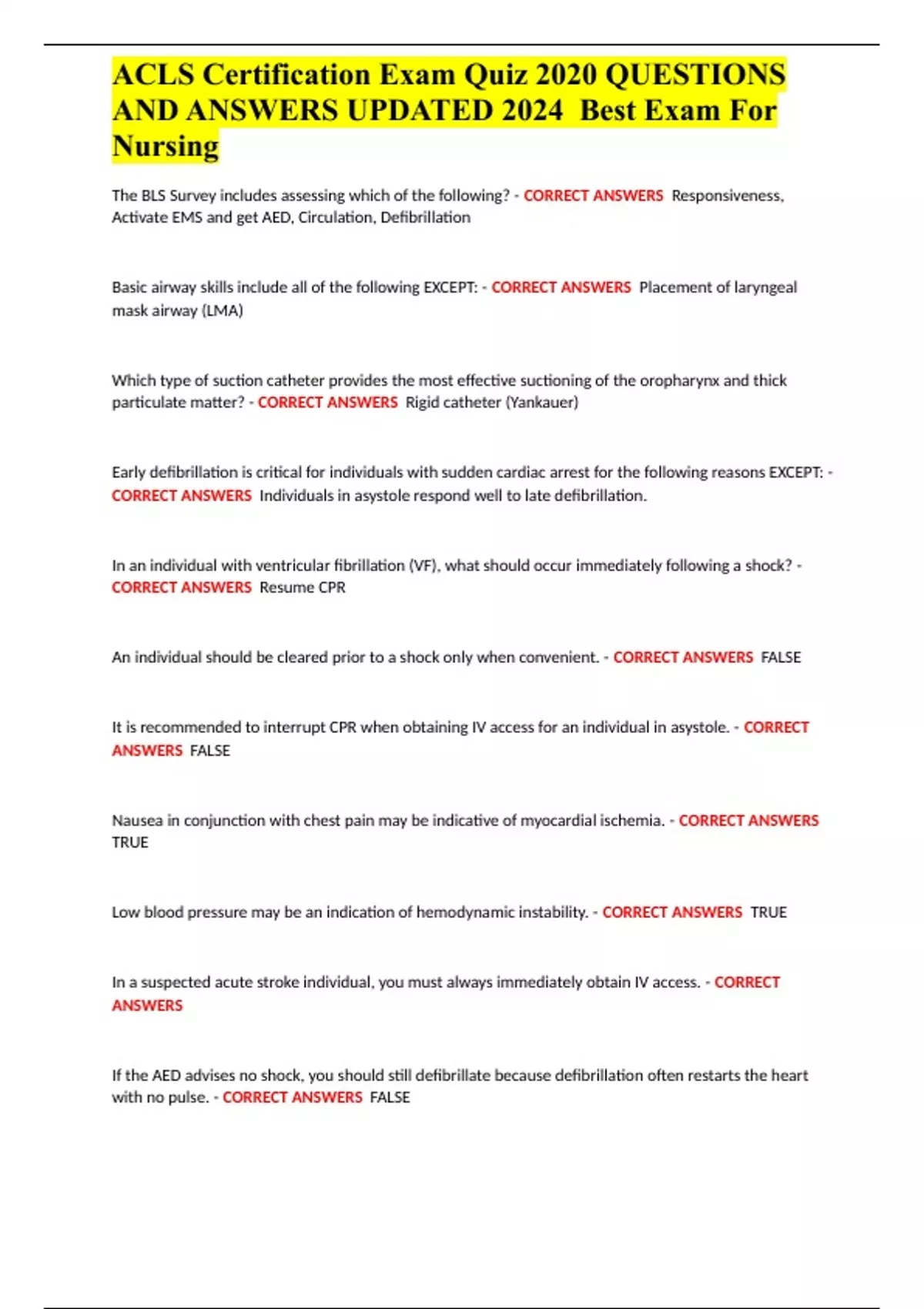 ACLS Certification Exam Quiz 2020 QUESTIONS AND ANSWERS UPDATED 2024 ...