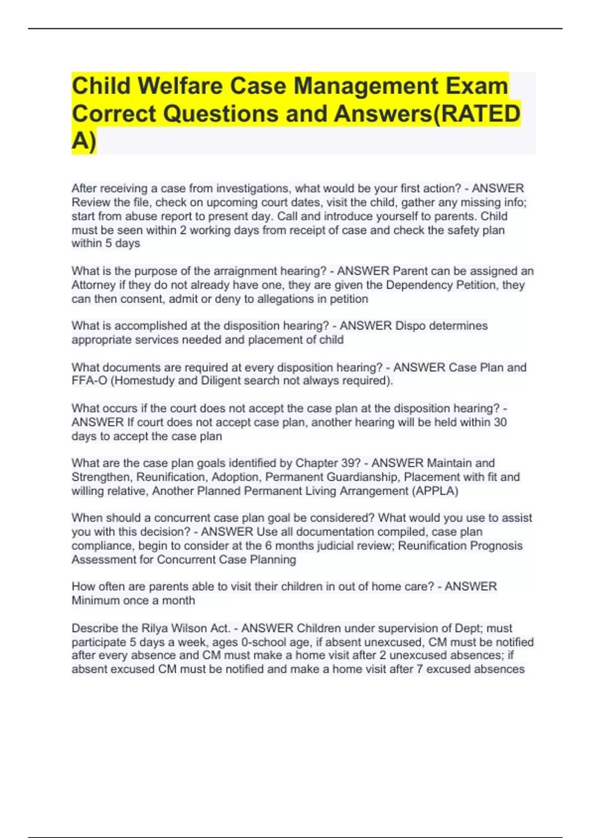 Child Welfare Case Management Exam Correct Questions and Answers(RATED A) - Child Welfare Case ...