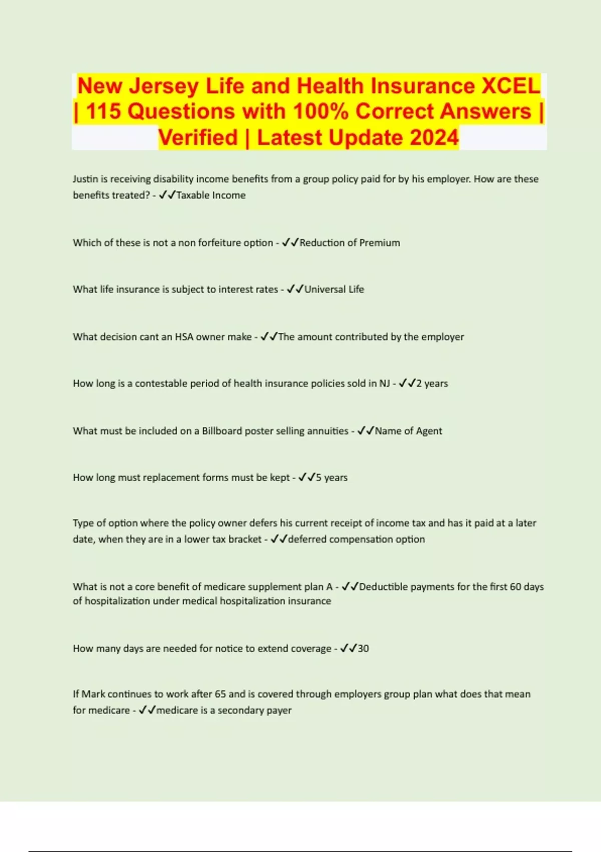 New Jersey Life and Health Insurance XCEL | 115 Questions with 100% ...