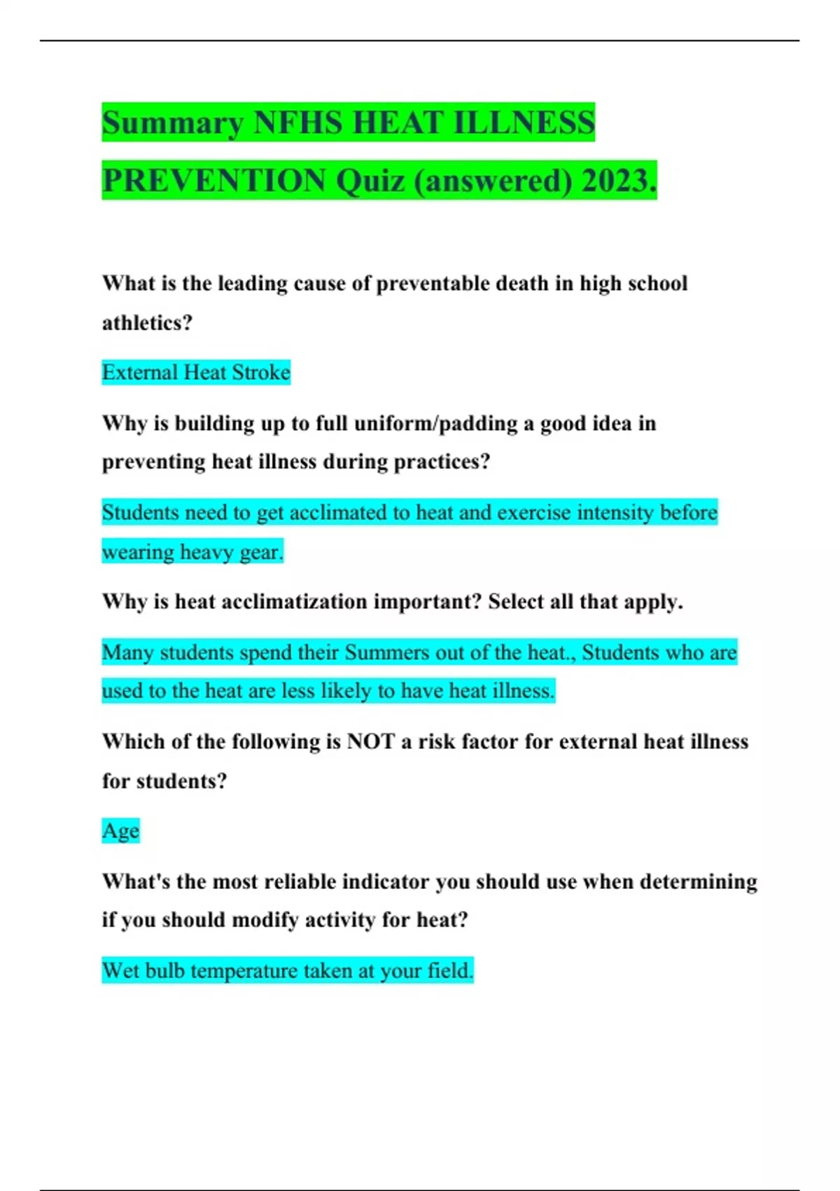 Summary NFHS HEAT ILLNESS PREVENTION Quiz (answered) Updated. - NFHS ...