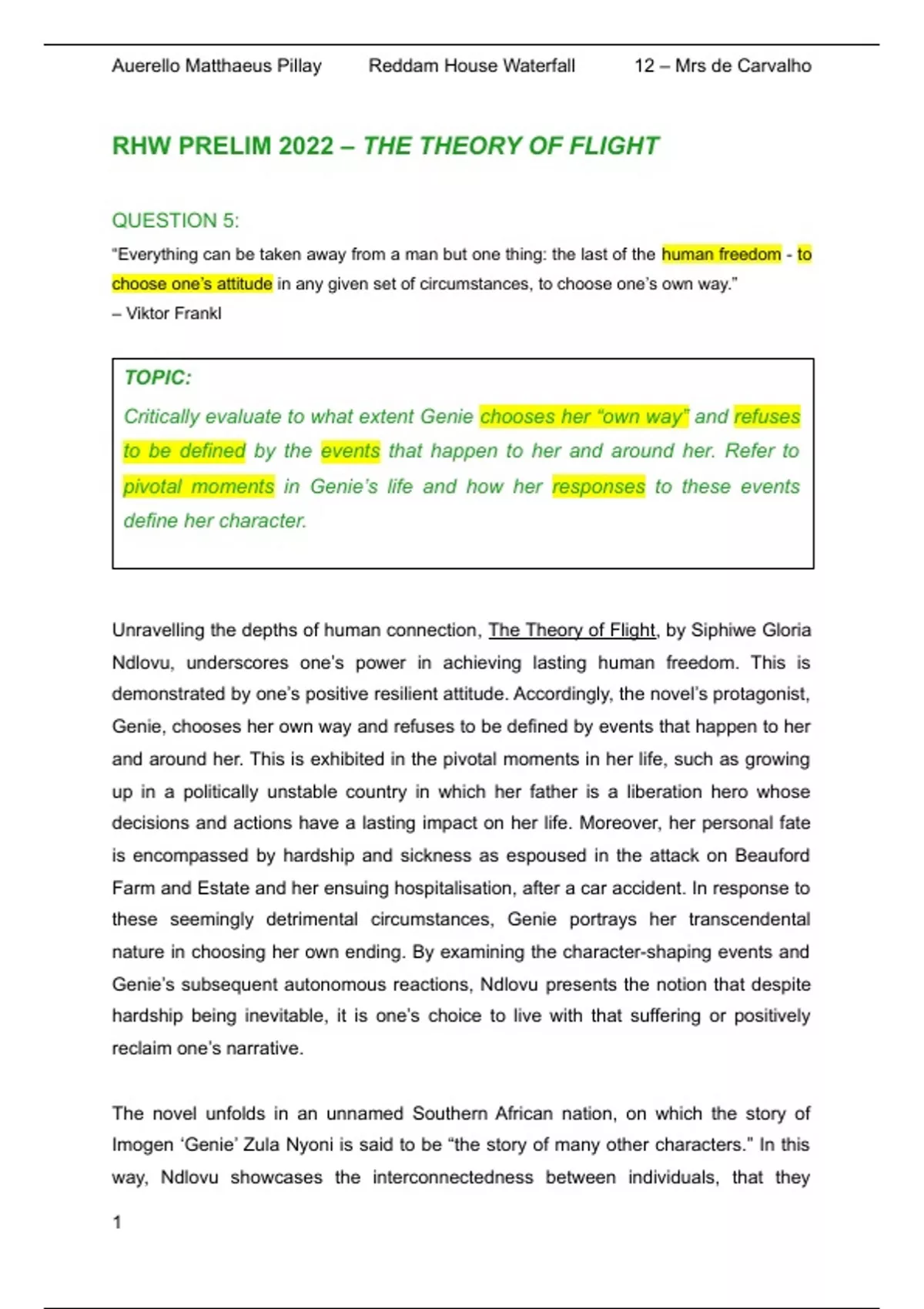 The Theory of Flight Literary Essay Notes - RHW PRELIM 2022 Prac Q5 ...