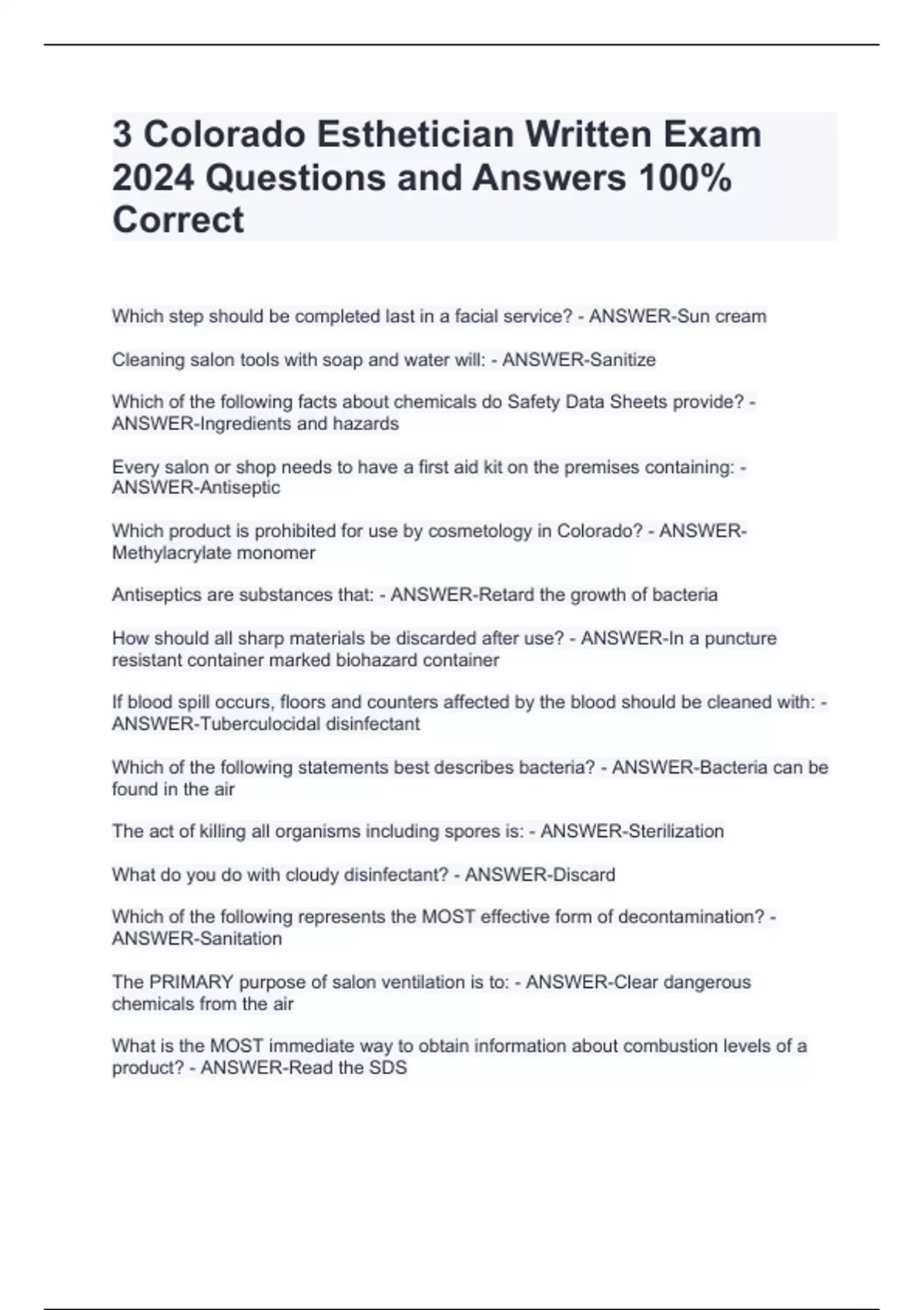 3 Colorado Esthetician Written Exam 2024 Questions and Answers 100% ...