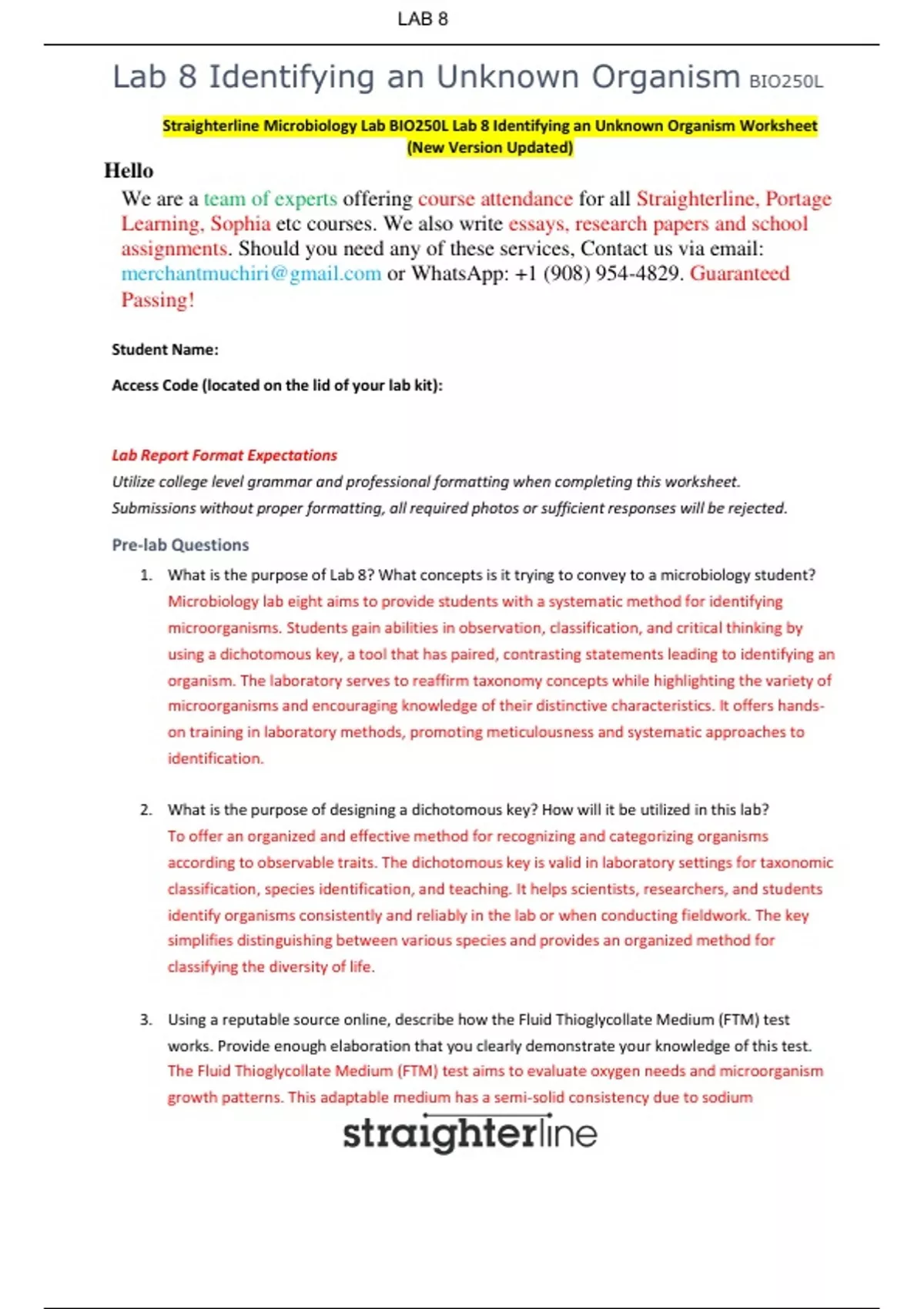 Straighterline Microbiology Lab BIO250L Lab 8 Identifying an Unknown Organism Worksheet (New ...
