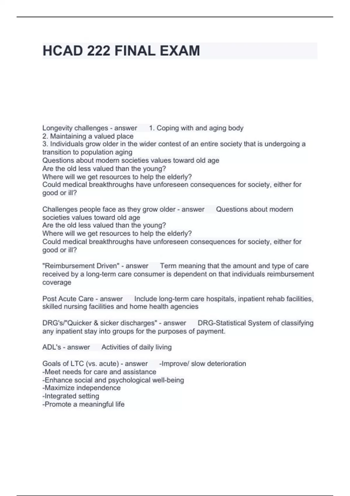 HCAD 222 FINAL EXAM Questions and Answers 2024 - HCAD - Stuvia US