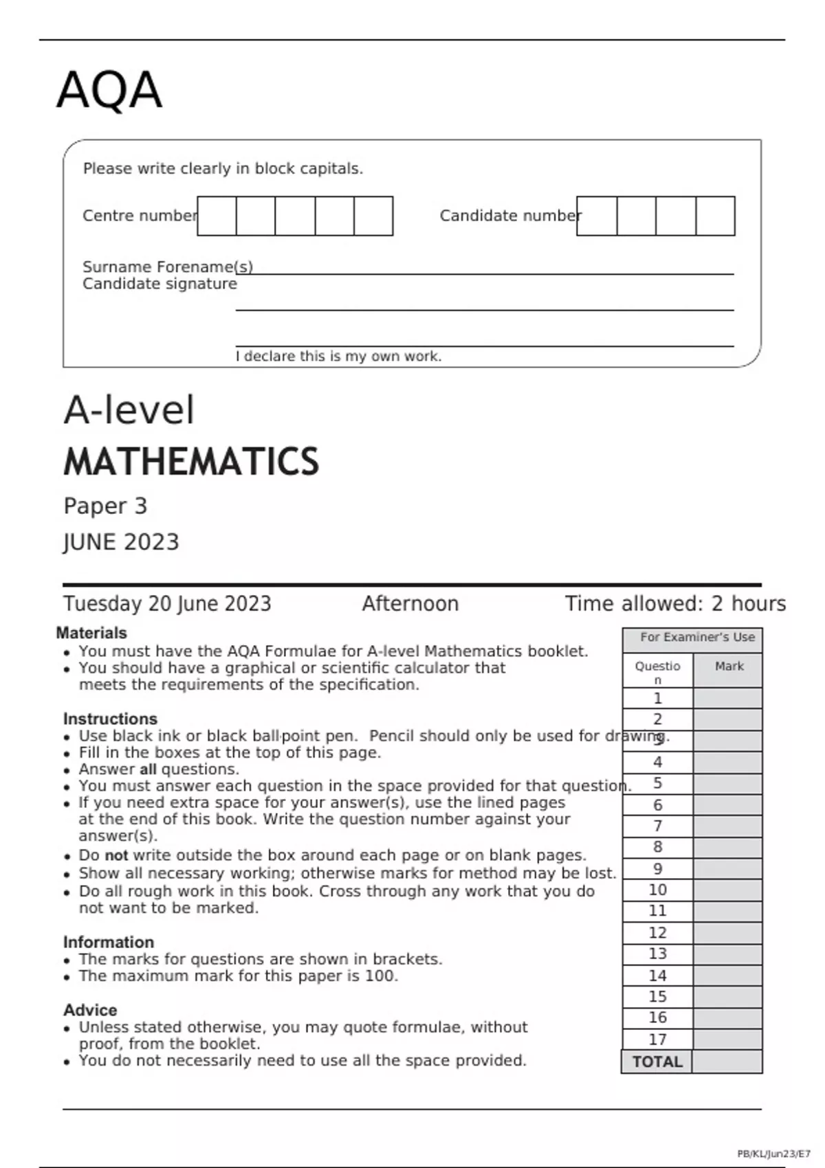 AQA A-level MATHEMATICS Paper 3 JUNE 2023 FINAL QUESTION PAPER - AQA ...