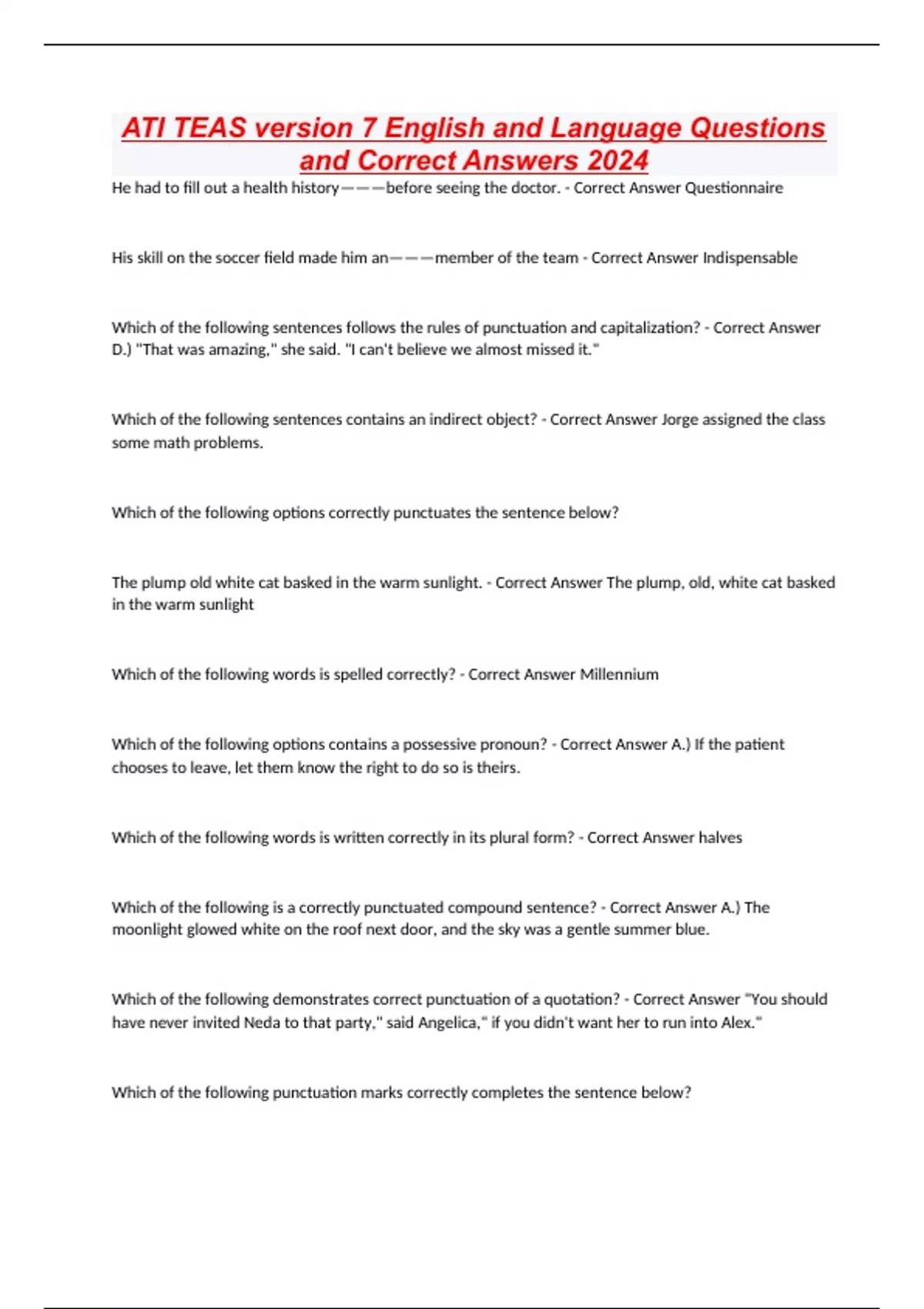 ATI TEAS version 7 English and Language Questions and Correct Answers ...