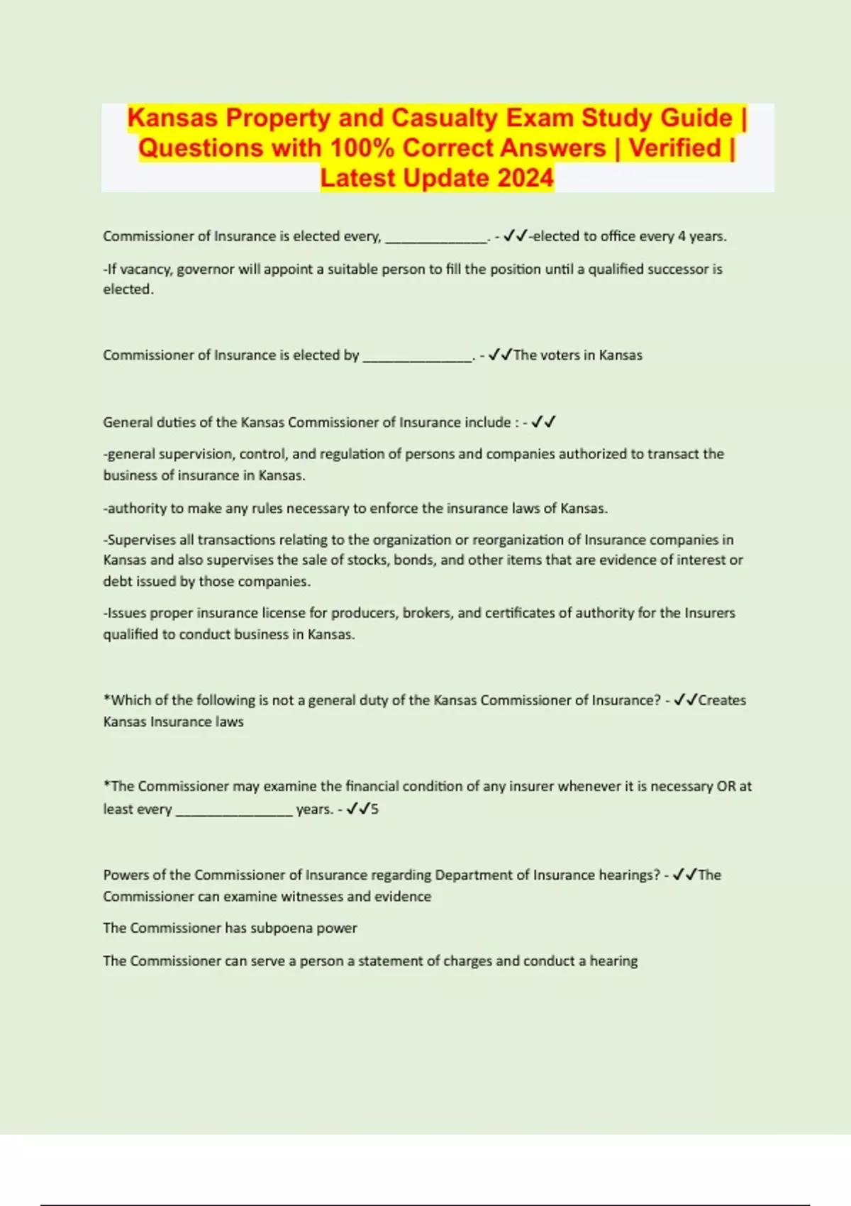 Kansas Property and Casualty Exam Study Guide | Questions with 100% Correct Answers | Verified ...